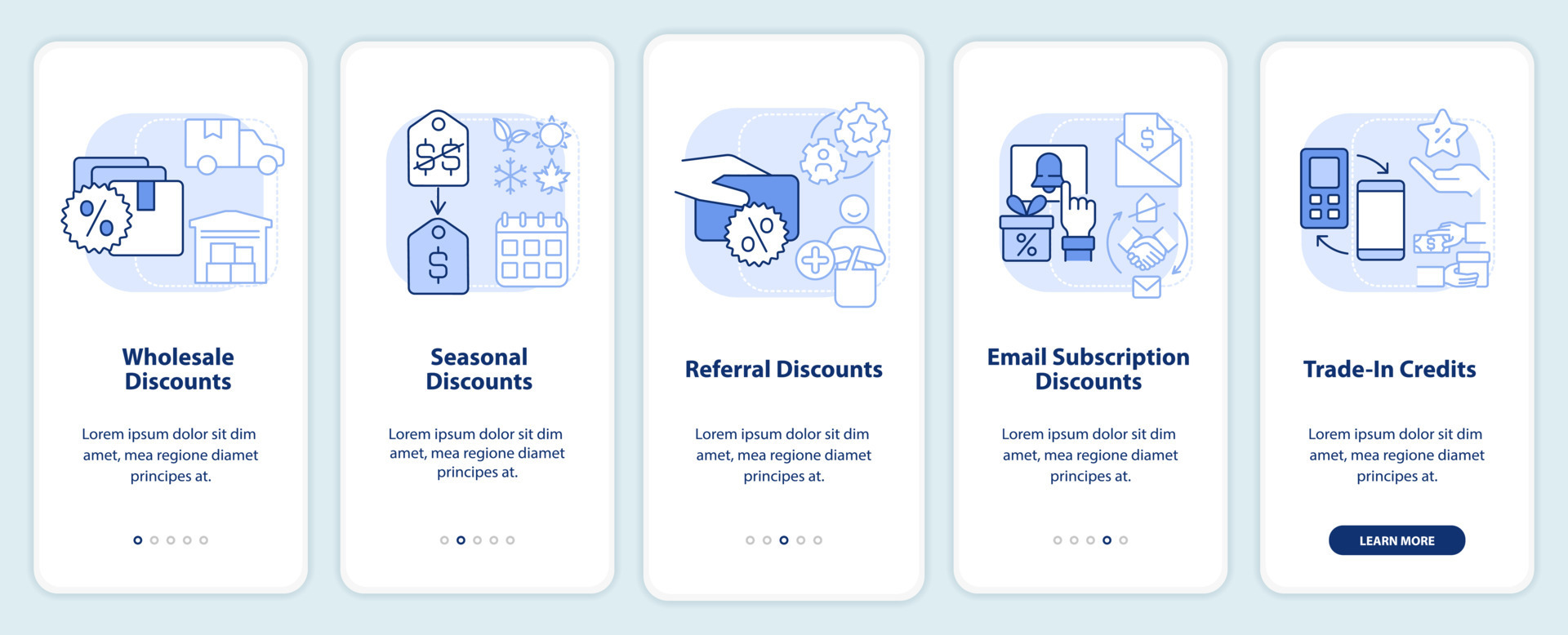 Discount Types Light Blue Onboarding Mobile App Screen Allowances Walkthrough 5 Steps Editable