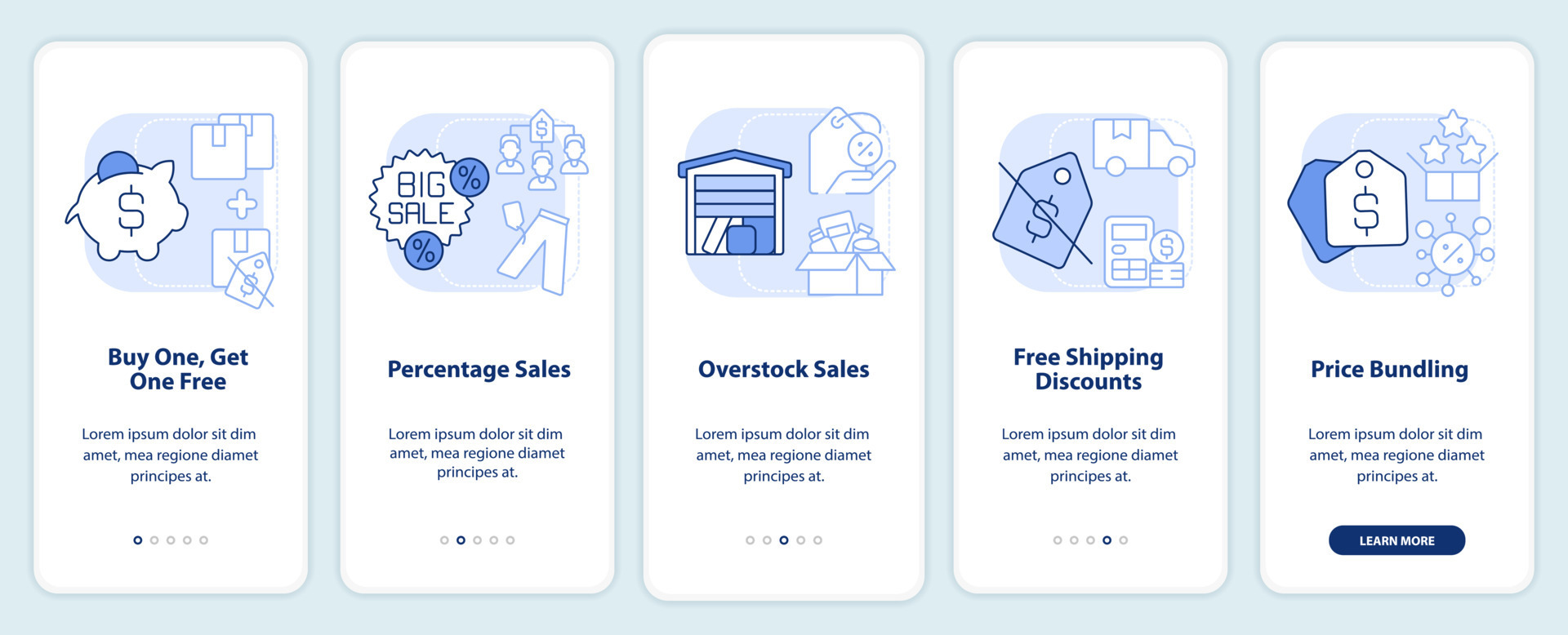 Types Of Discounts Light Blue Onboarding Mobile App Screen Sales Walkthrough 5 Steps Editable