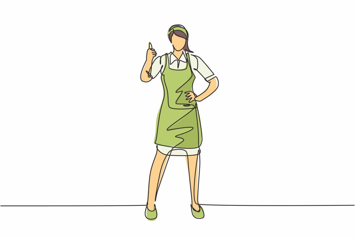 Continuous One Line Drawing Maid In Hotel Stood With One Hand On His Waist And The Other With A