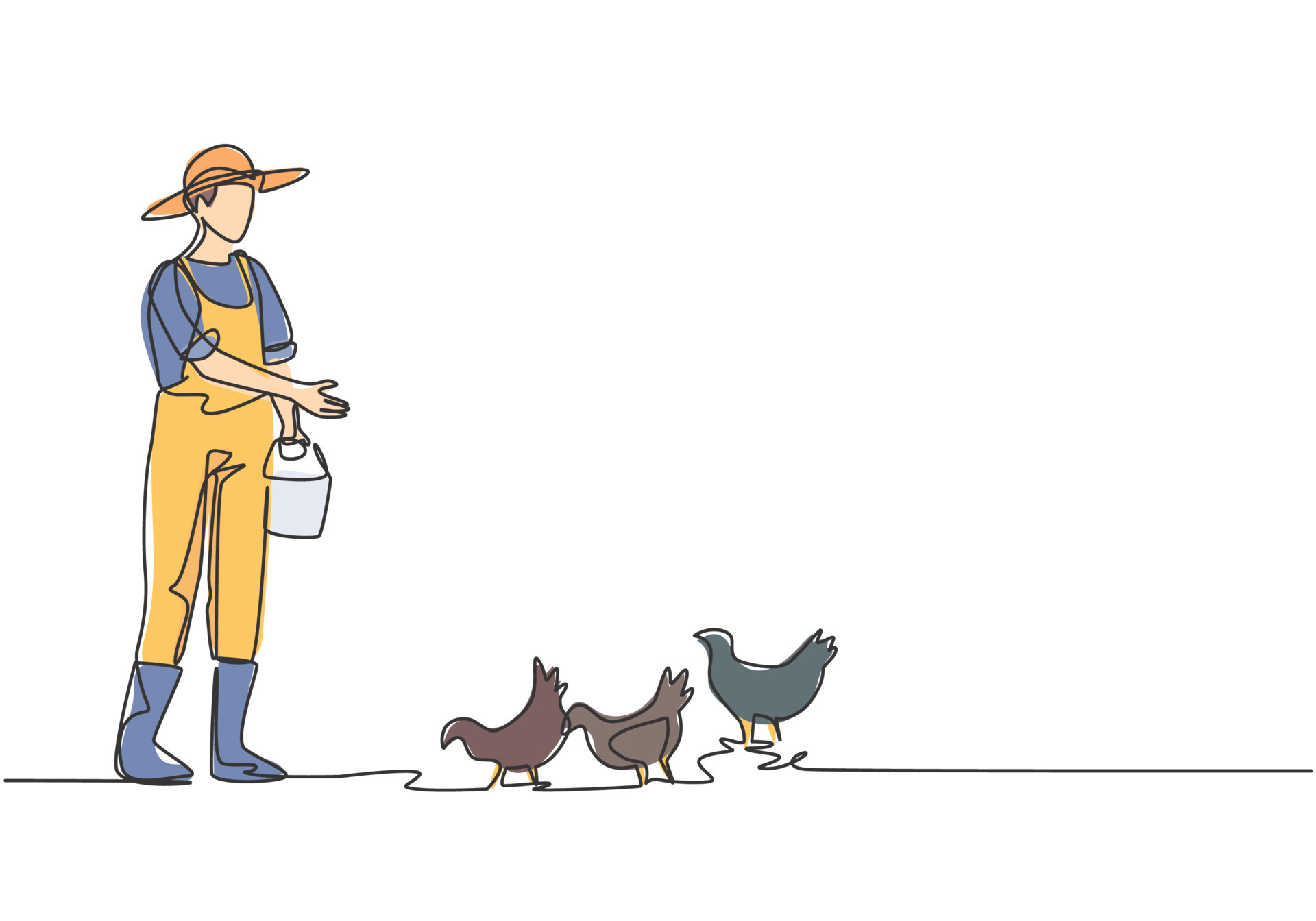 Continuous One Line Drawing Young Male Farmer Is Feeding The Chickens With Chicken Feed