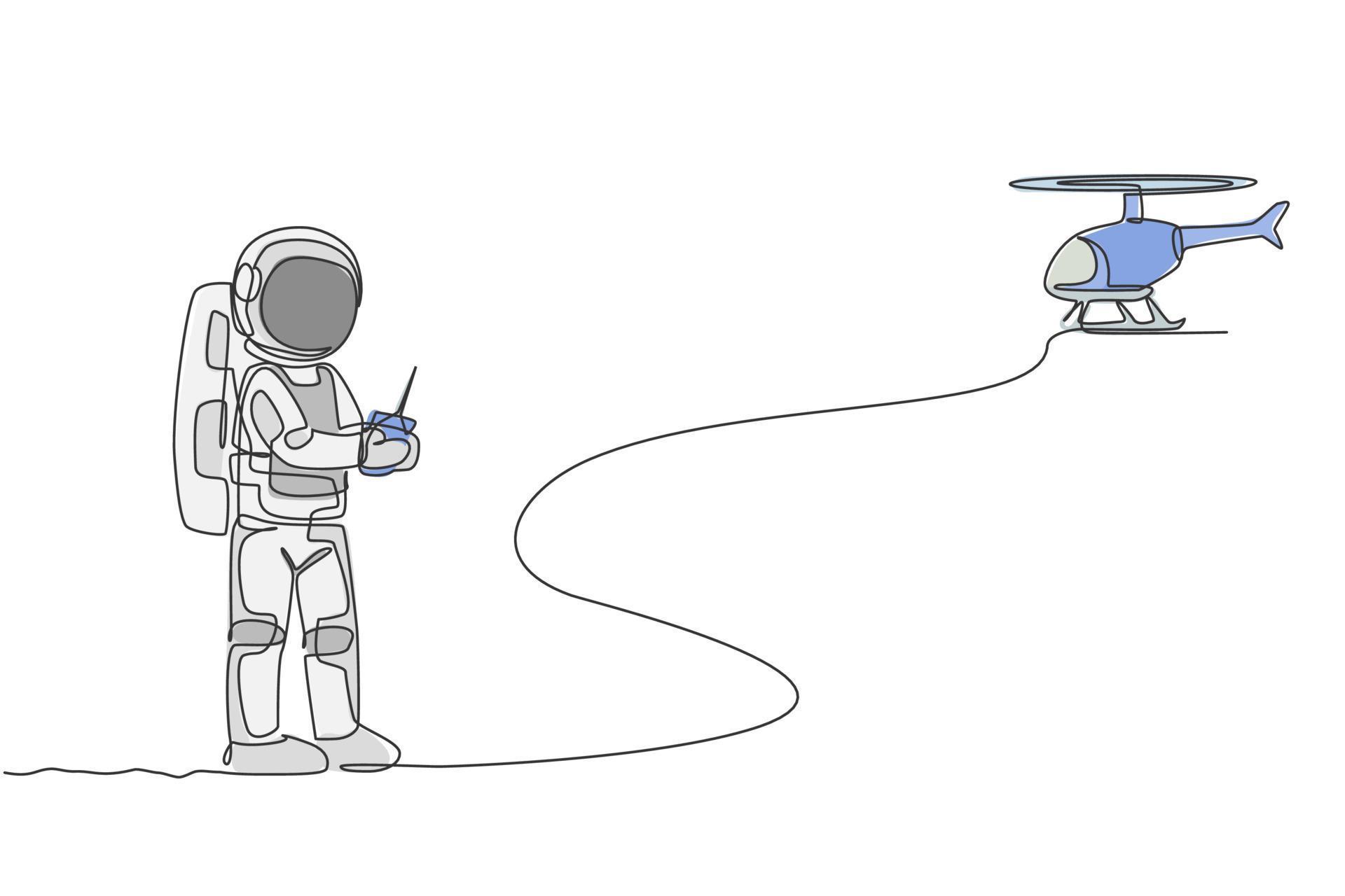Single Continuous Line Drawing Of Astronaut Playing Helicopter Radio Control In Moon Surface
