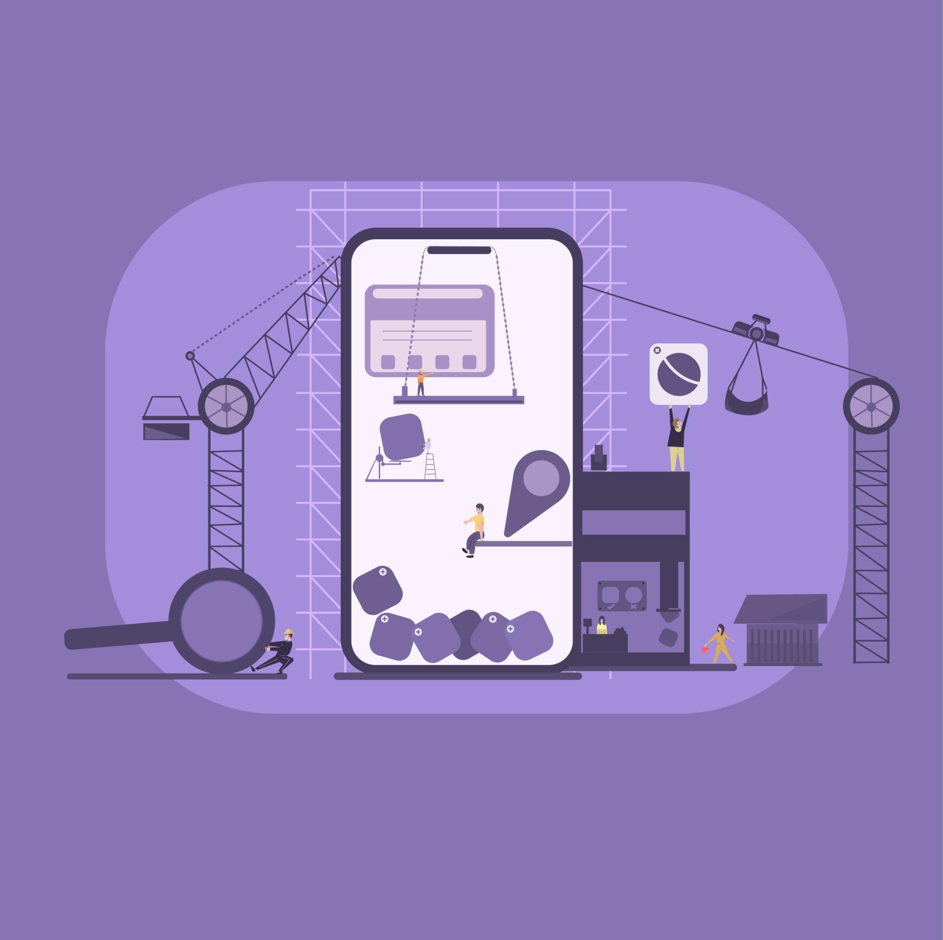 Mobile with tiny men building. Vector illustration in flat style ...