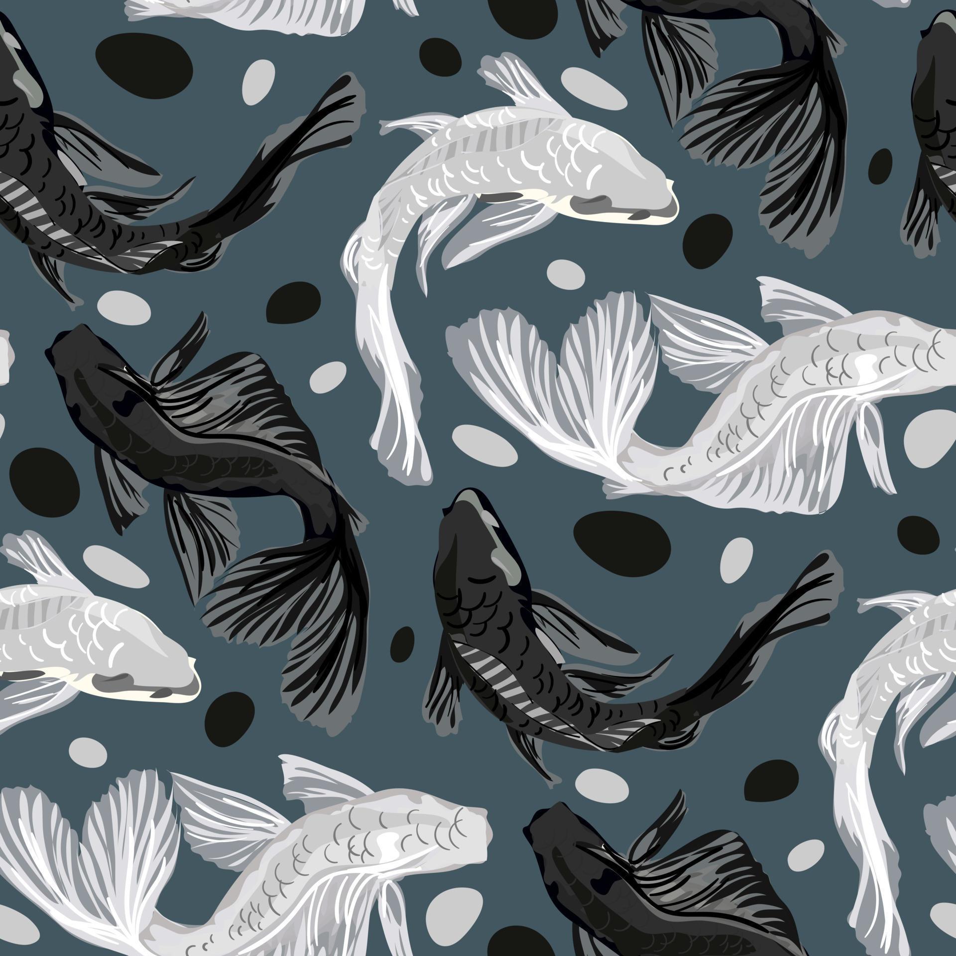 A pattern of white and black koi fish on a blue background with bubbles. Asian background ...