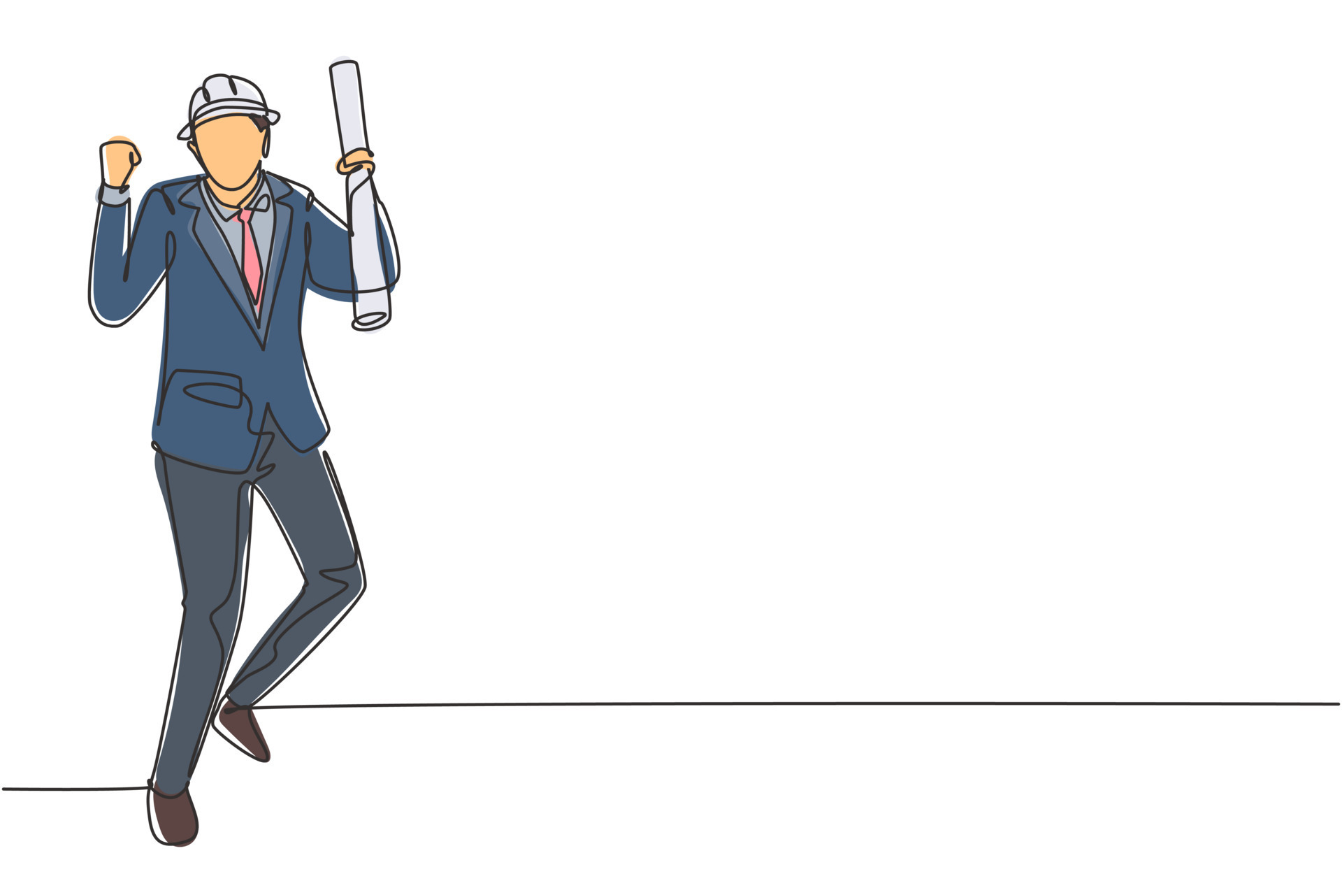 Single One Line Drawing Architect Stood With Celebrate Gesture And