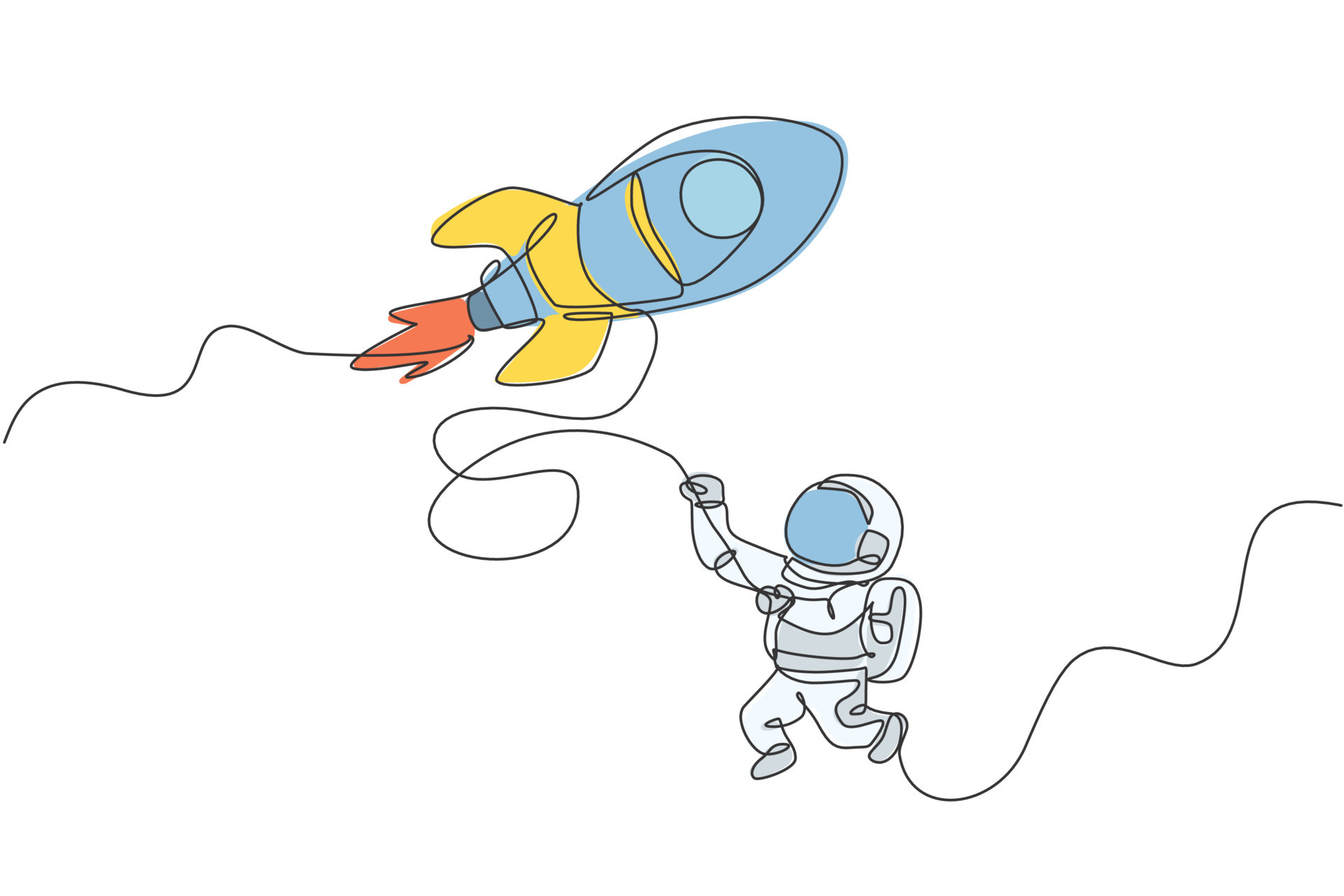 One Single Line Drawing Astronaut In Spacesuit Floating And Discovering Deep Space With Rocket