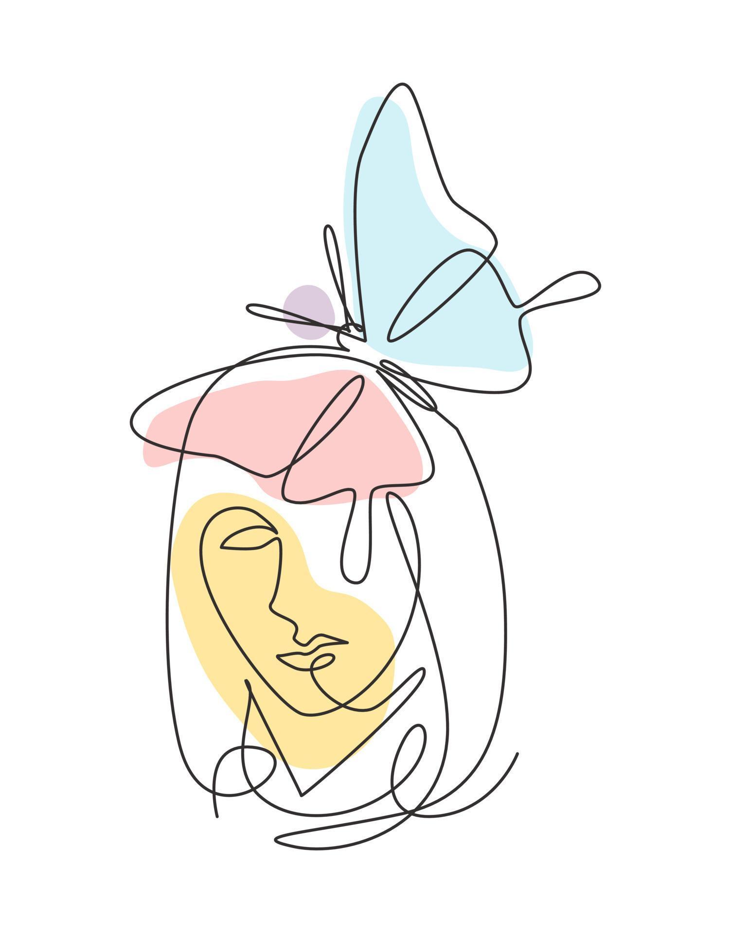 Single Continuous Line Drawing Beauty Woman With Butterfly Artwork