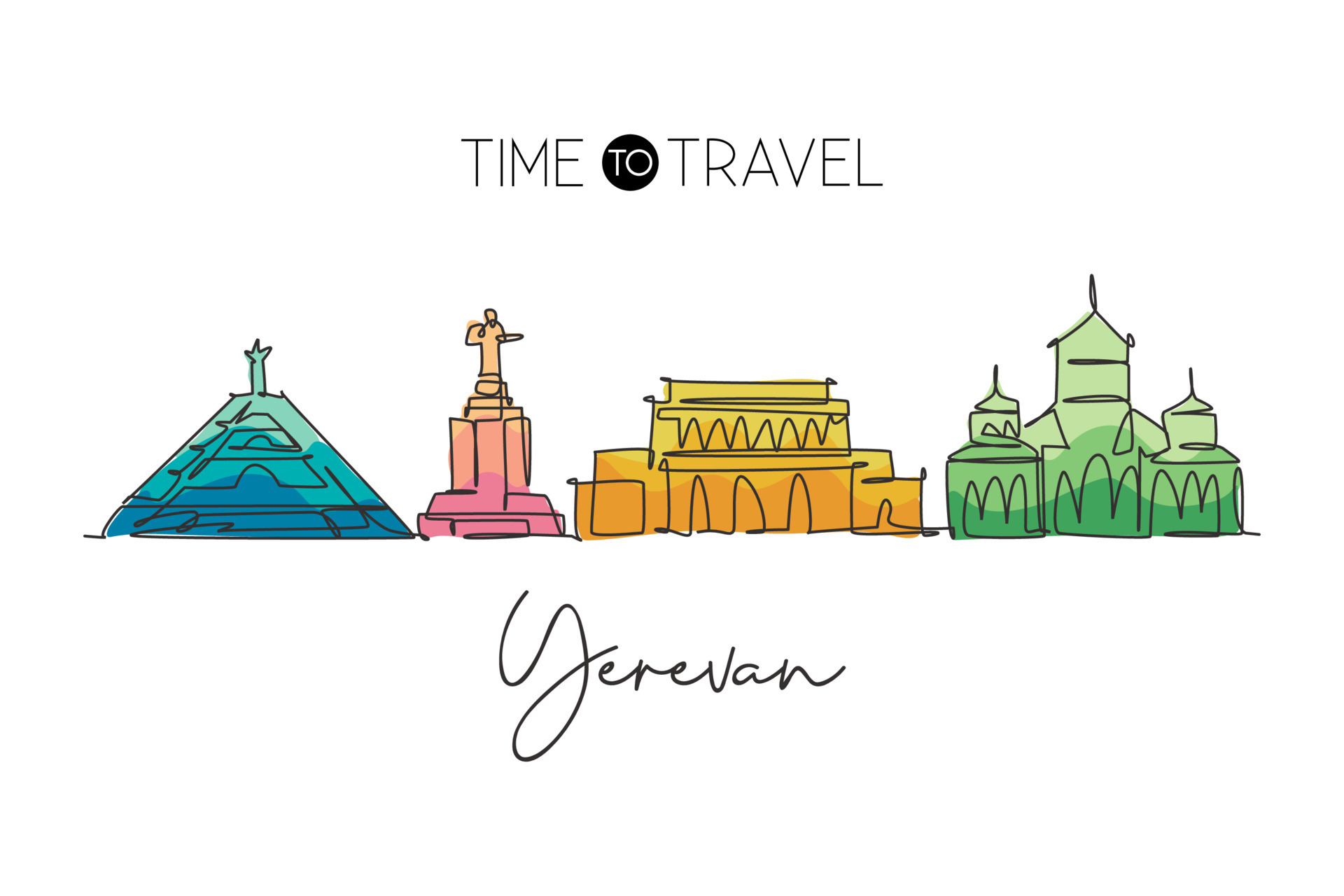 Single continuous line drawing of Yerevan city skyline, Armenia. Famous city scraper and ...