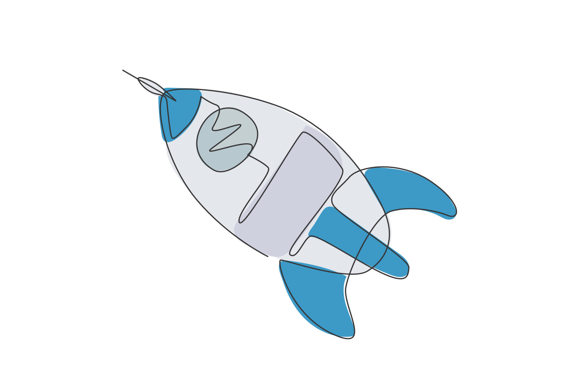 Single continuous line drawing rocket launch fly into the sky universe ...