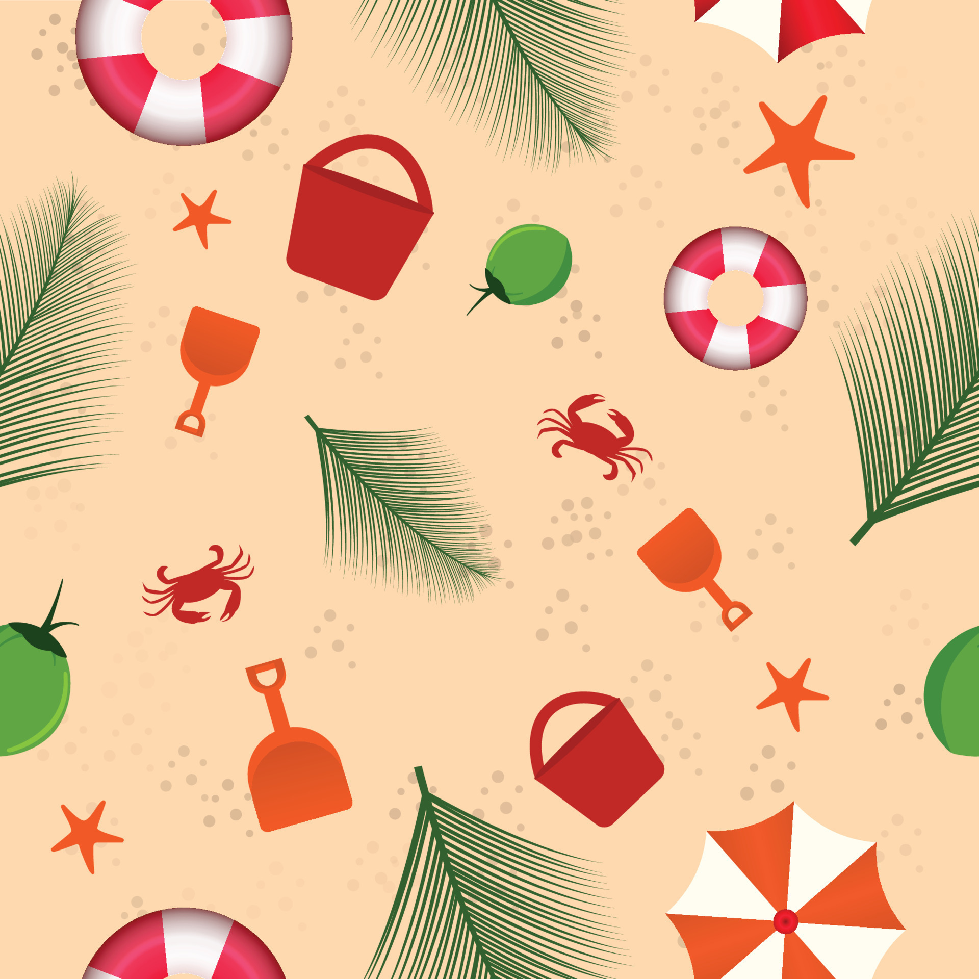 Summer-Themed Patterns, with Beach-Themed Ornaments, combine Palm, Sand, Crab, Bucket, and ...