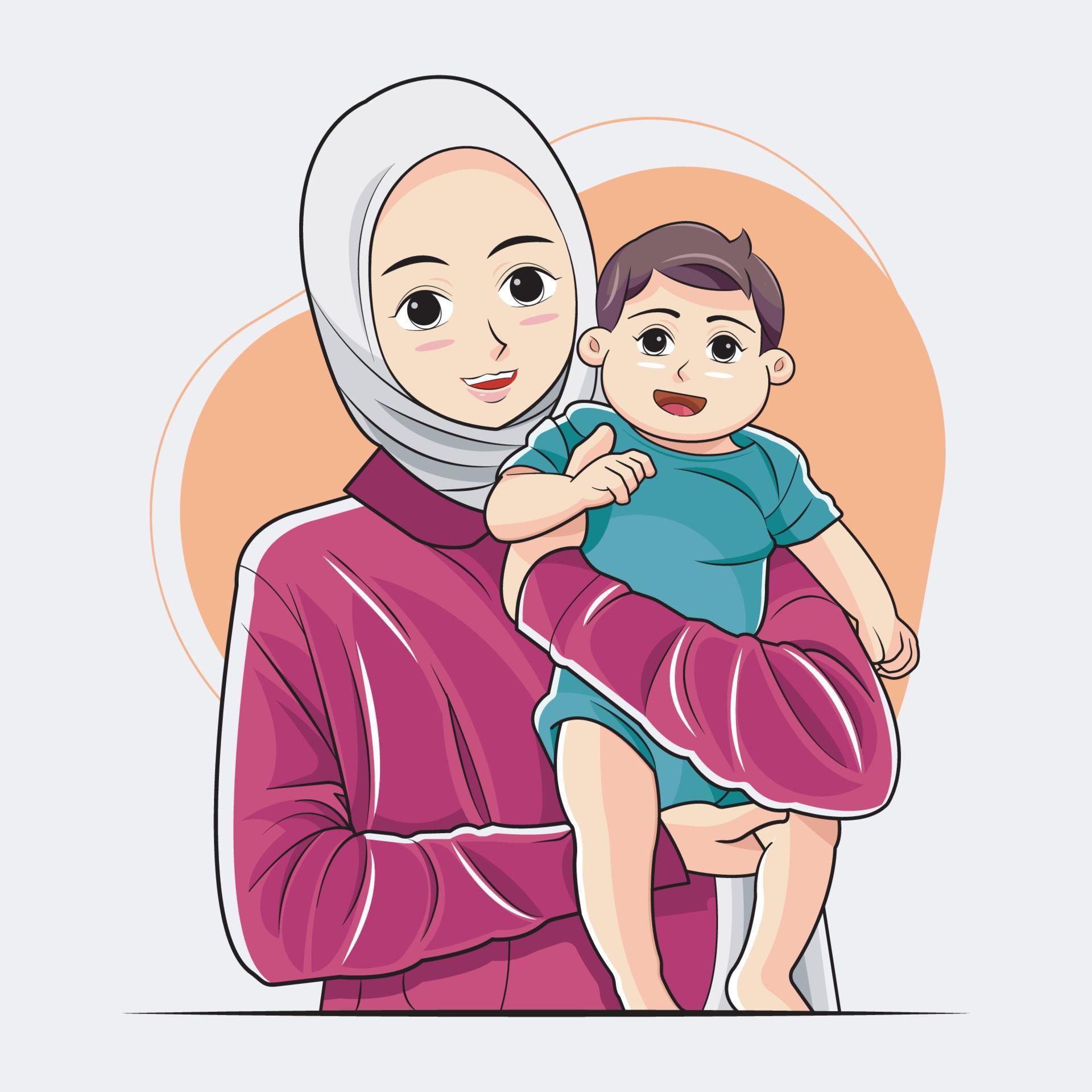 Mom and Baby. Cute Baby In Hijab Mother's Arms vector illustration free ...