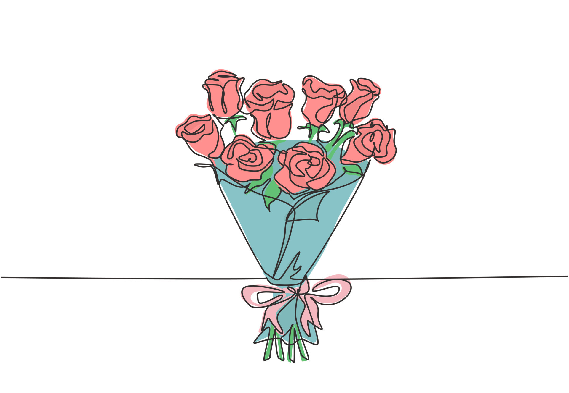 Single Continuous Line Drawing Of Beautiful Fresh Rose Flower Bouquet