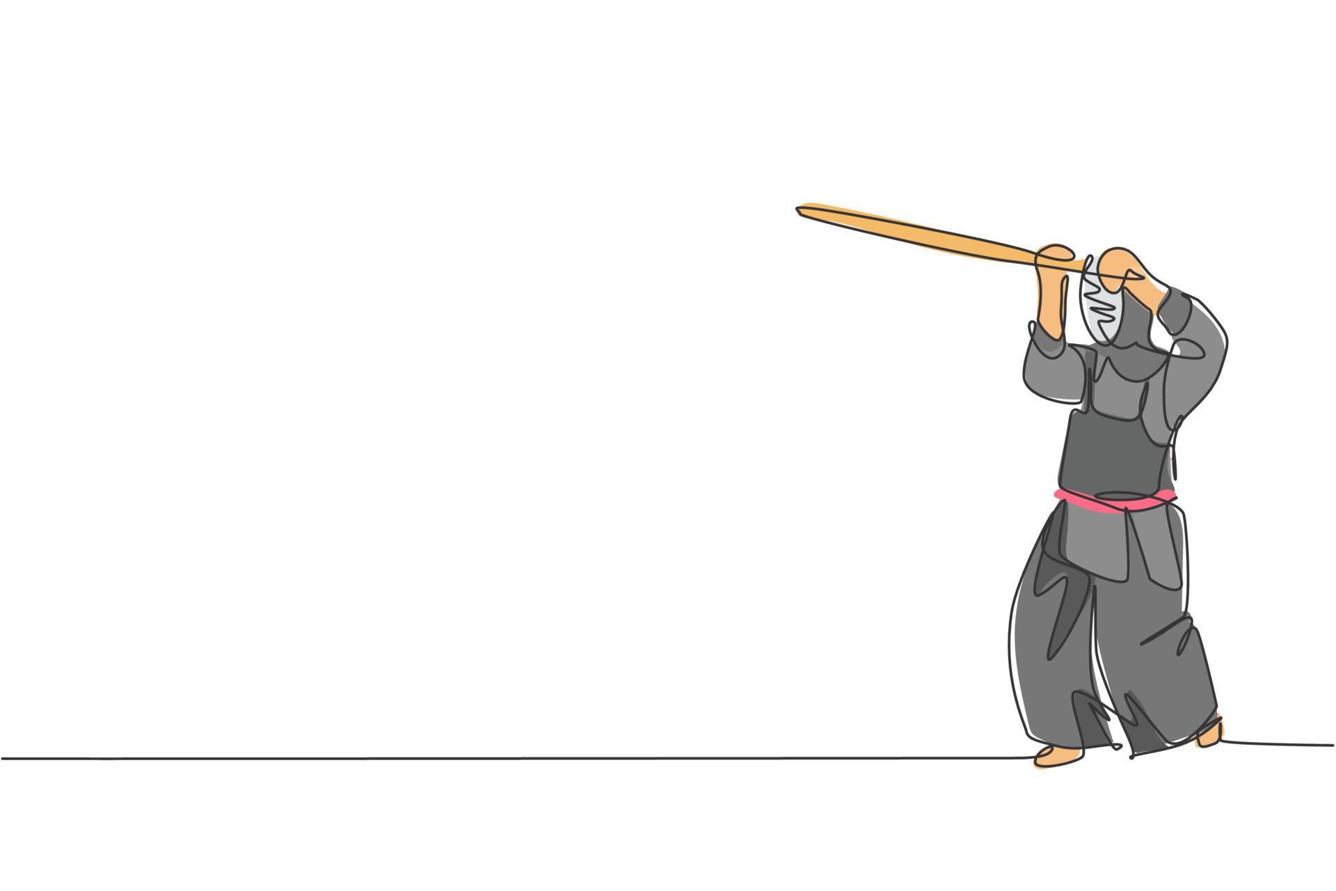 One continuous line drawing of young sporty man training kendo defense ... One continuous line drawing of young sporty man training kendo defense ...
