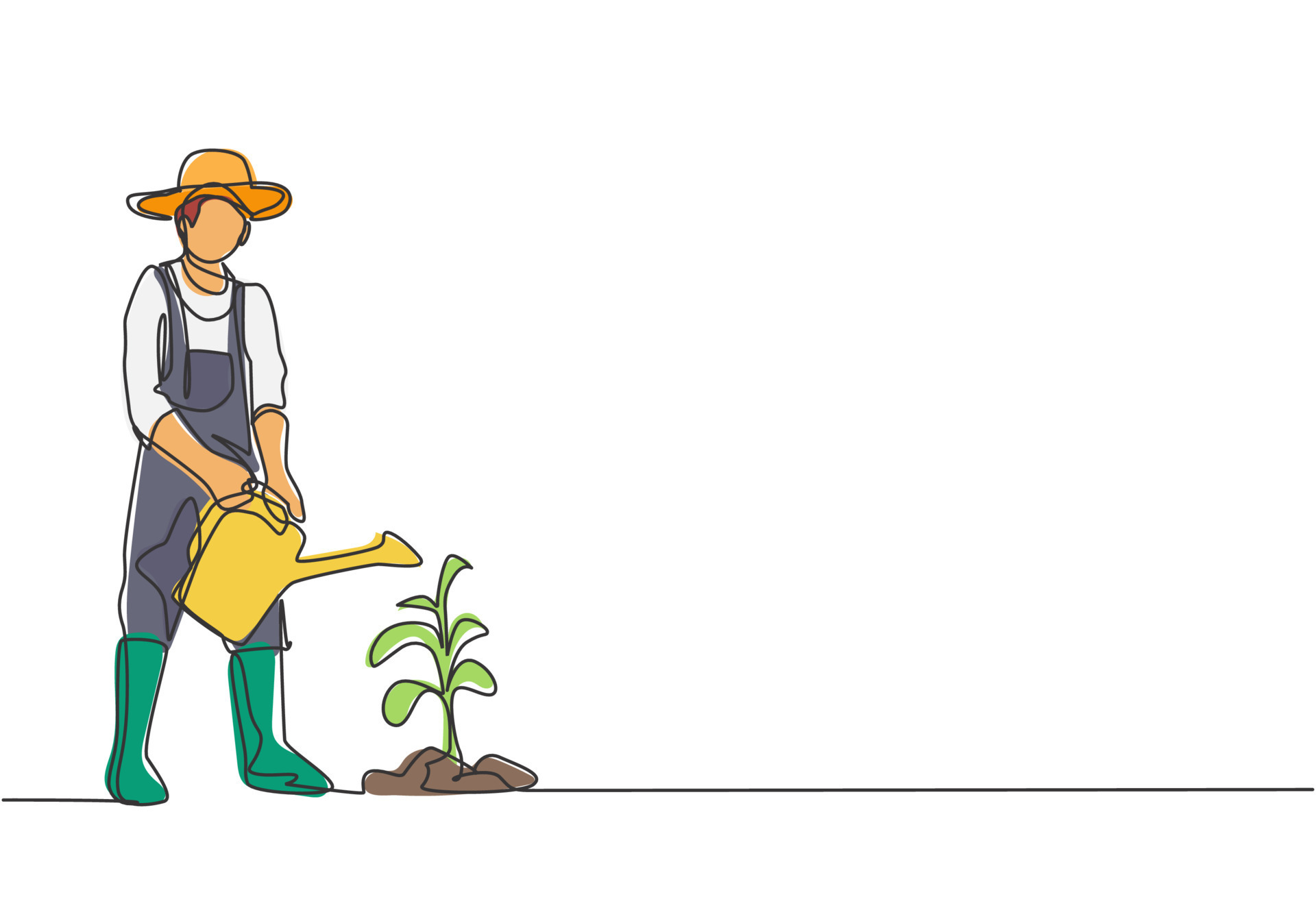 Single Continuous Line Drawing Young Male Farmer Water The Plants Using