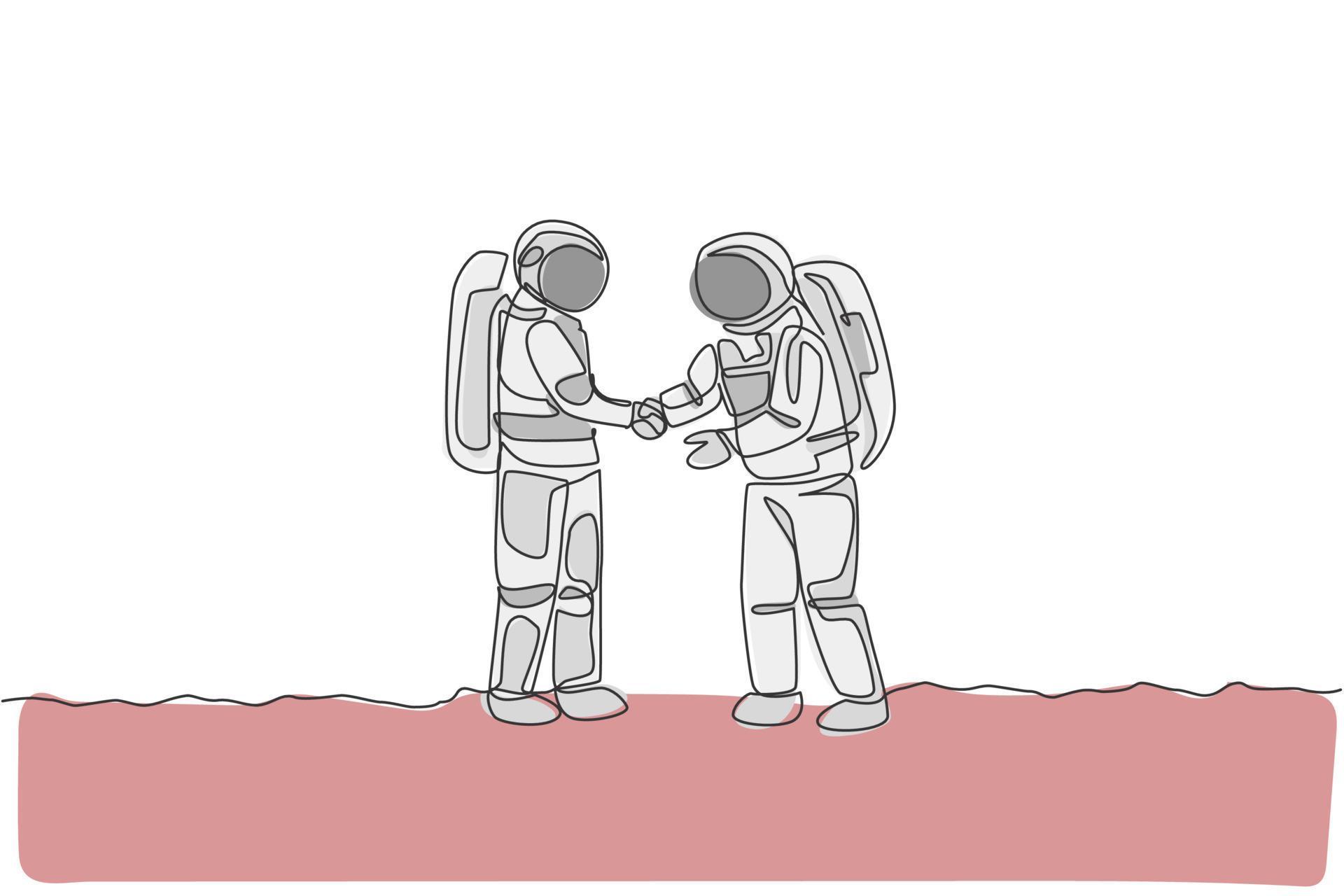 One single line drawing of two young happy astronauts giving handshake to deal project in moon ...