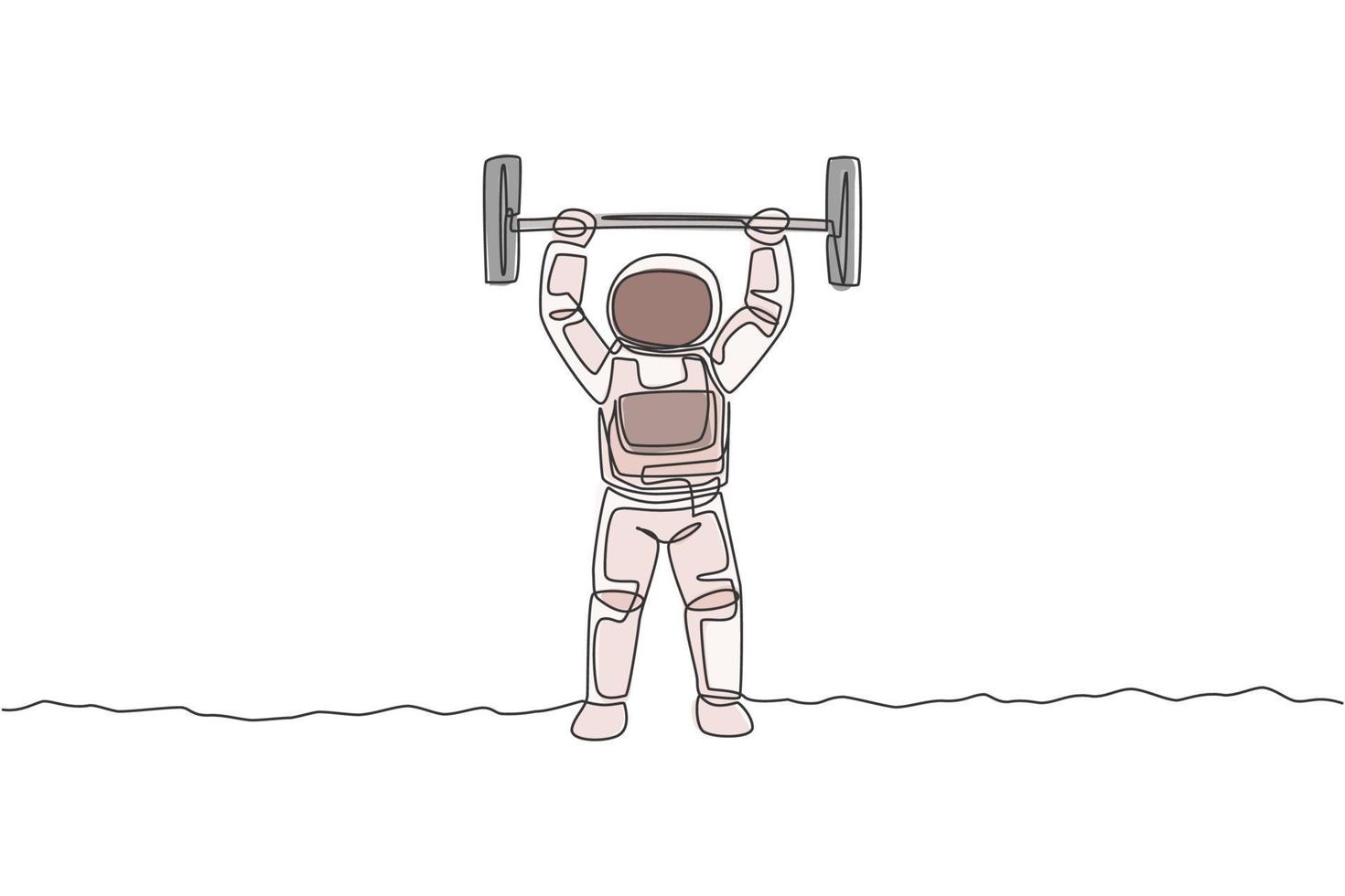 Single continuous line drawing of muscular astronaut train lifting barbell in moon surface ...