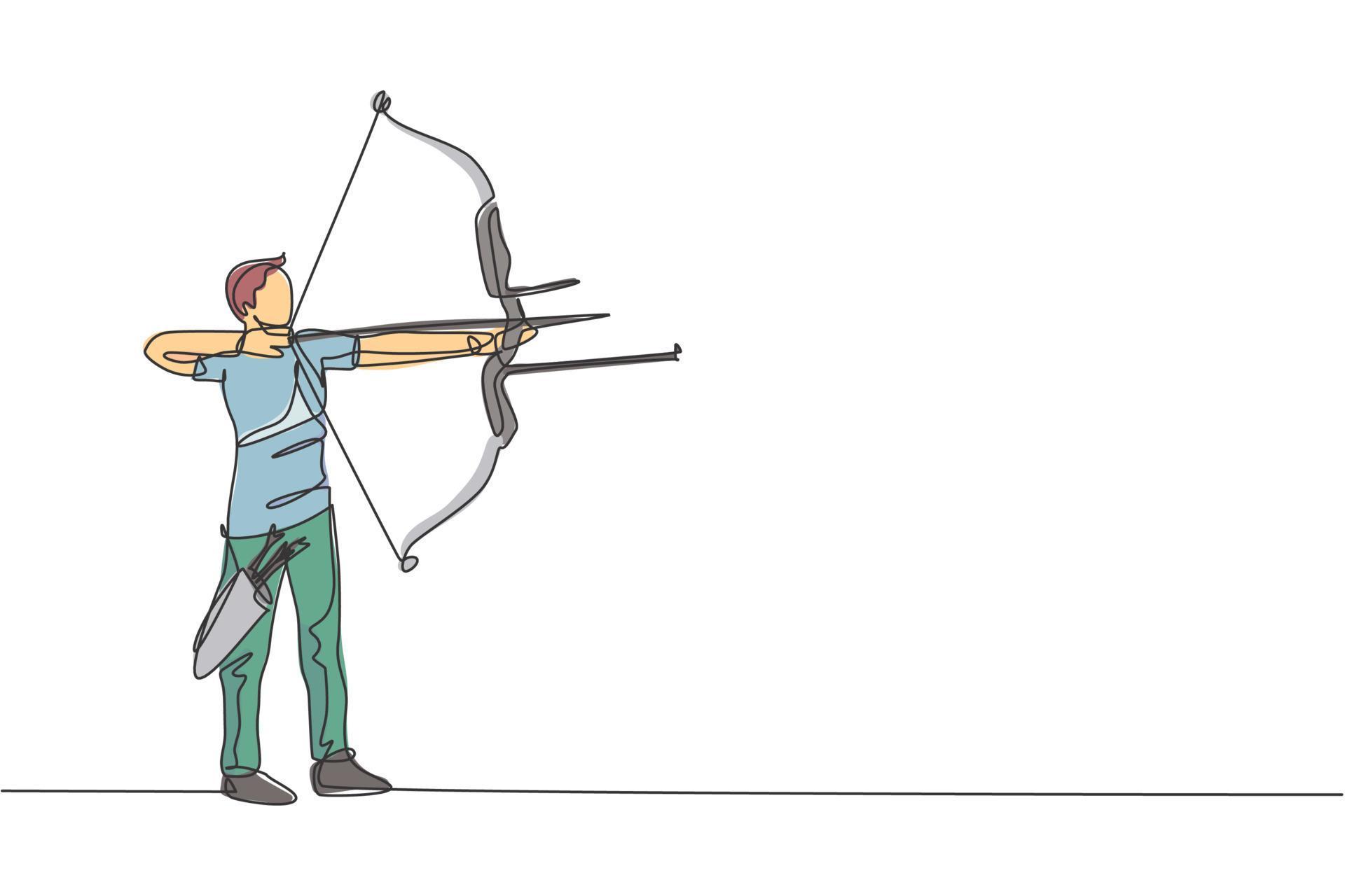 One continuous line drawing of young archer man pulling bow to shooting an archery target ...