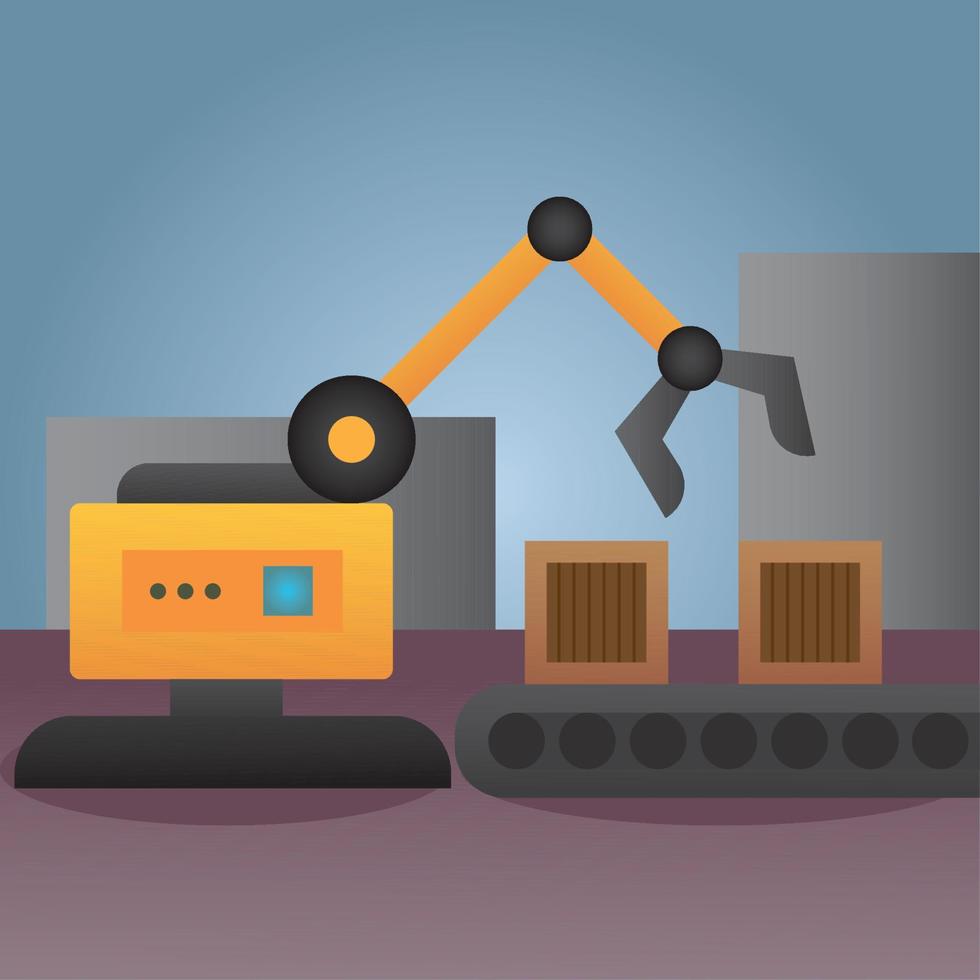 Yellow robot machine carrying wooden boxes on industry Vector ...