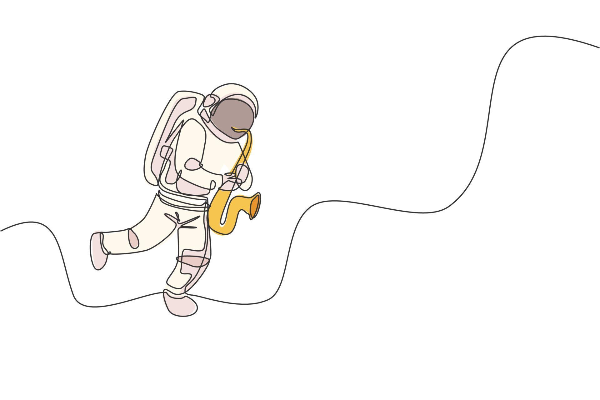 One Continuous Line Drawing Astronaut With Spacesuit Playing Saxophone In Galaxy Universe Outer