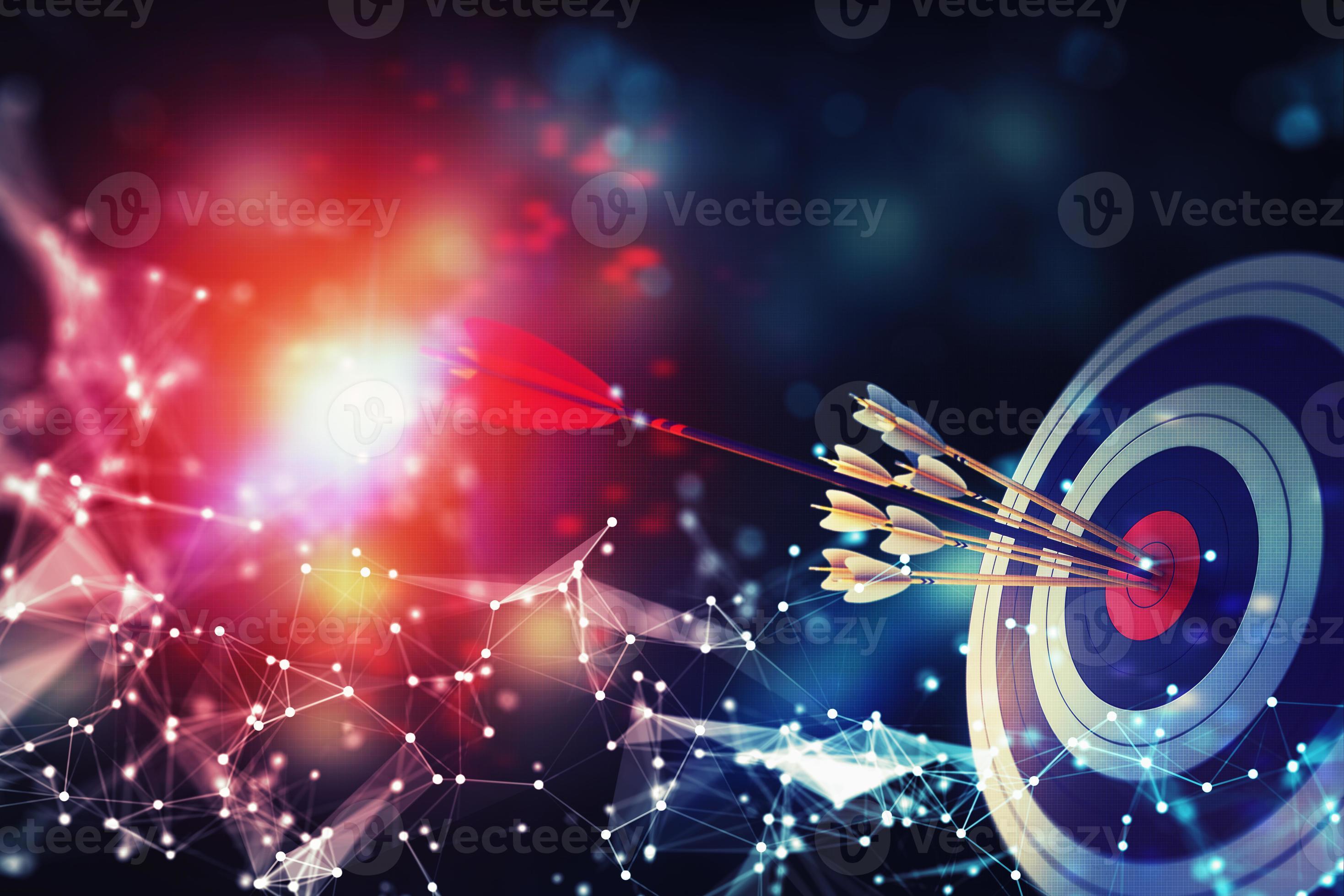 Arrow hit the center of target on abstract background with network effects. Business target ...