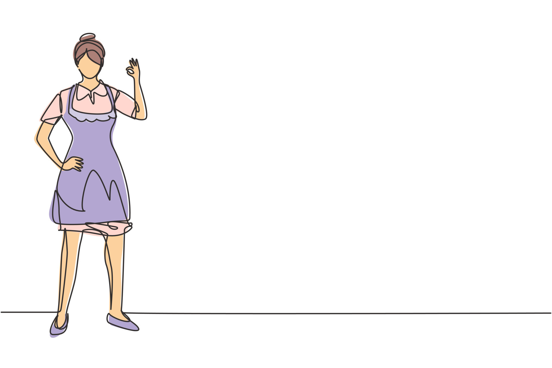Single One Line Drawing Maid In Hotel Stood With One Hand On His Waist And The Other With