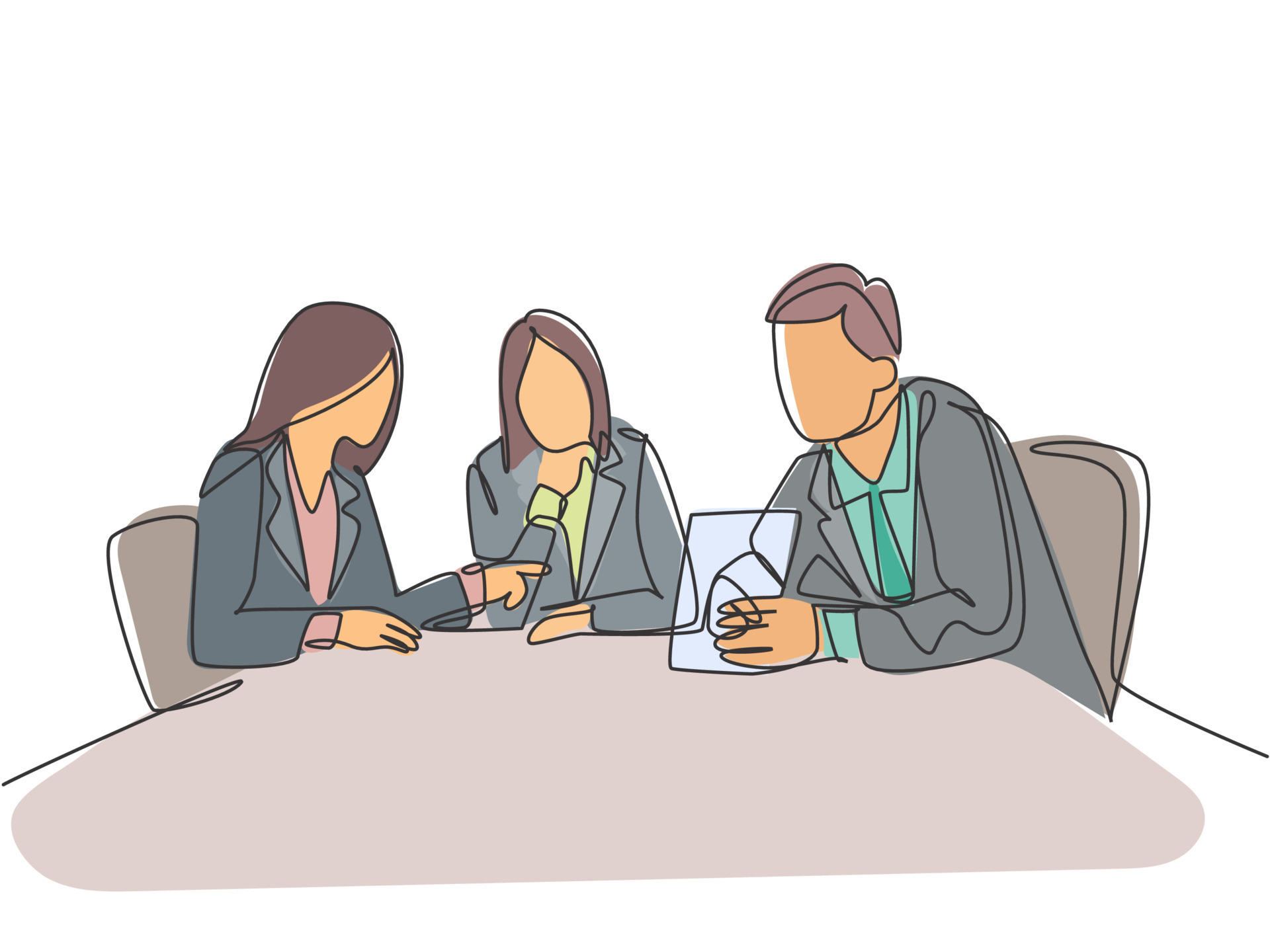 One single line drawing of young company founders brainstorming innovation ideas in a business ...