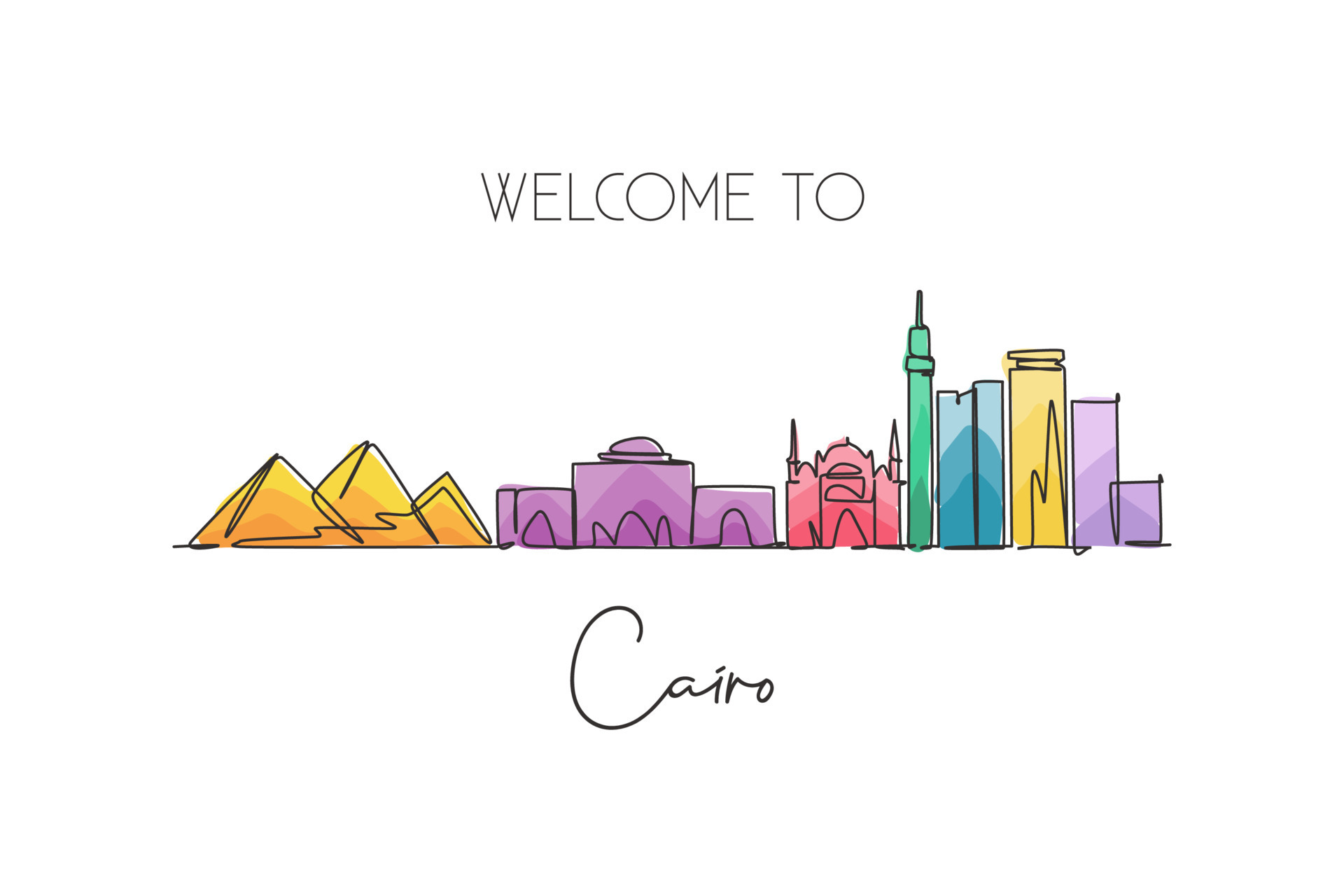 One continuous line drawing of Cairo city skyline, Egypt. Beautiful landmark. World landscape ...