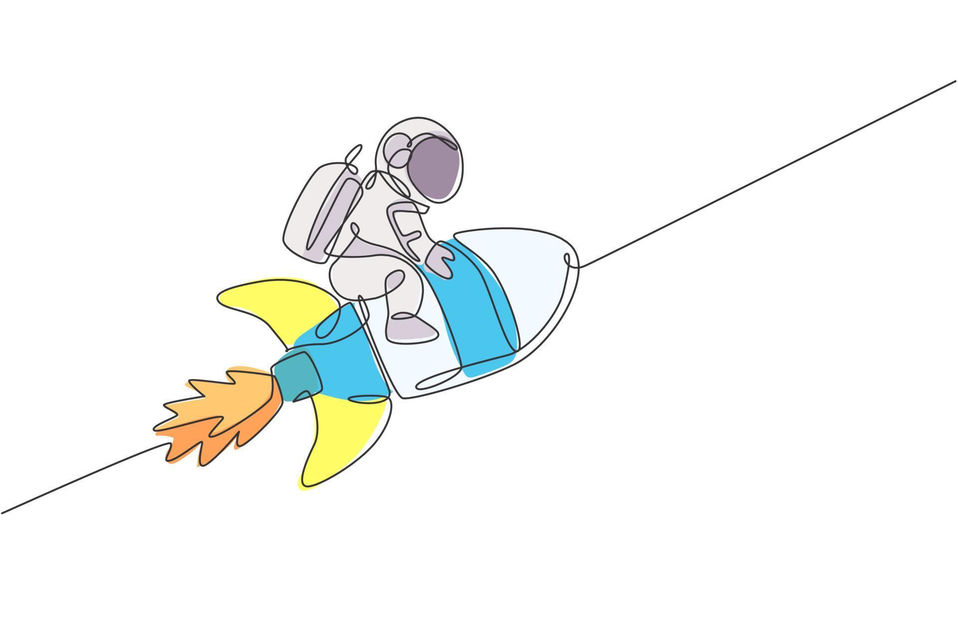 Single Continuous Line Drawing Of Astronaut In Spacesuit Flying At Outer Space While Sitting And