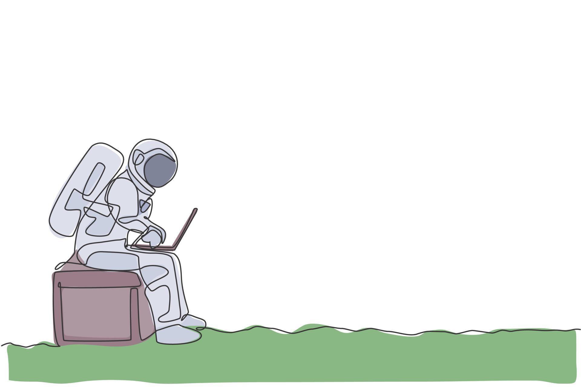 One Continuous Line Drawing Spaceman On Spacesuit Siting On Chair While Typing In Laptop