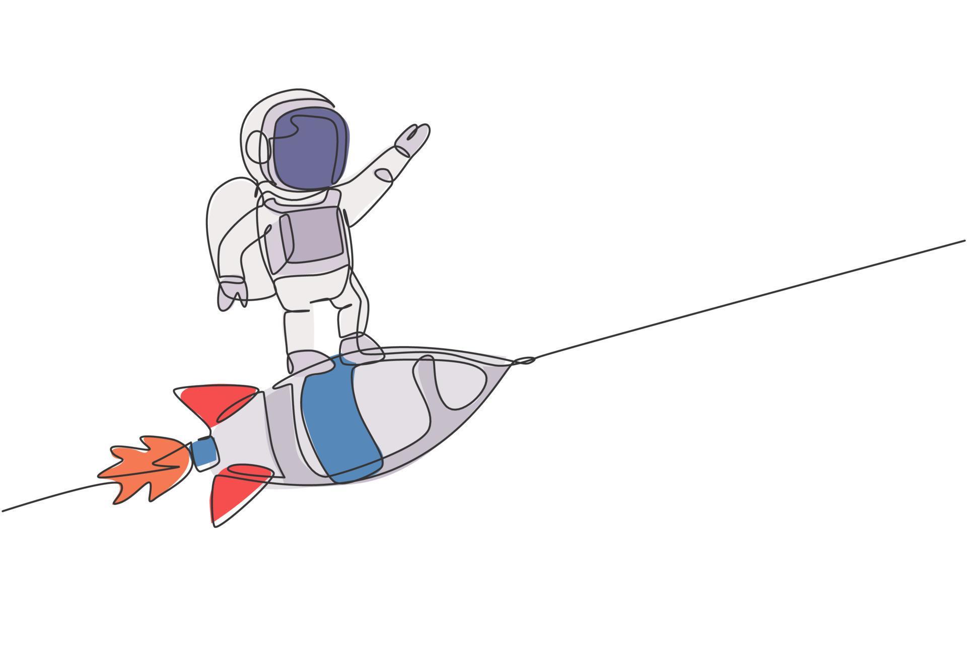 Single Continuous Line Drawing Of Astronaut In Spacesuit Flying At Outer Space While Standing On