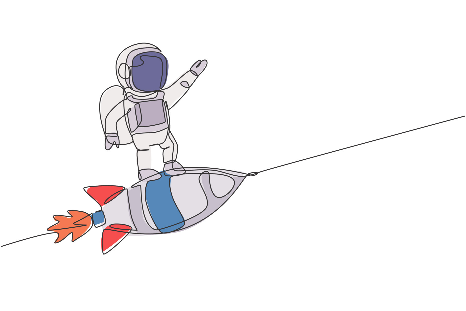 Single Continuous Line Drawing Of Astronaut In Spacesuit Flying At Outer Space While Standing On