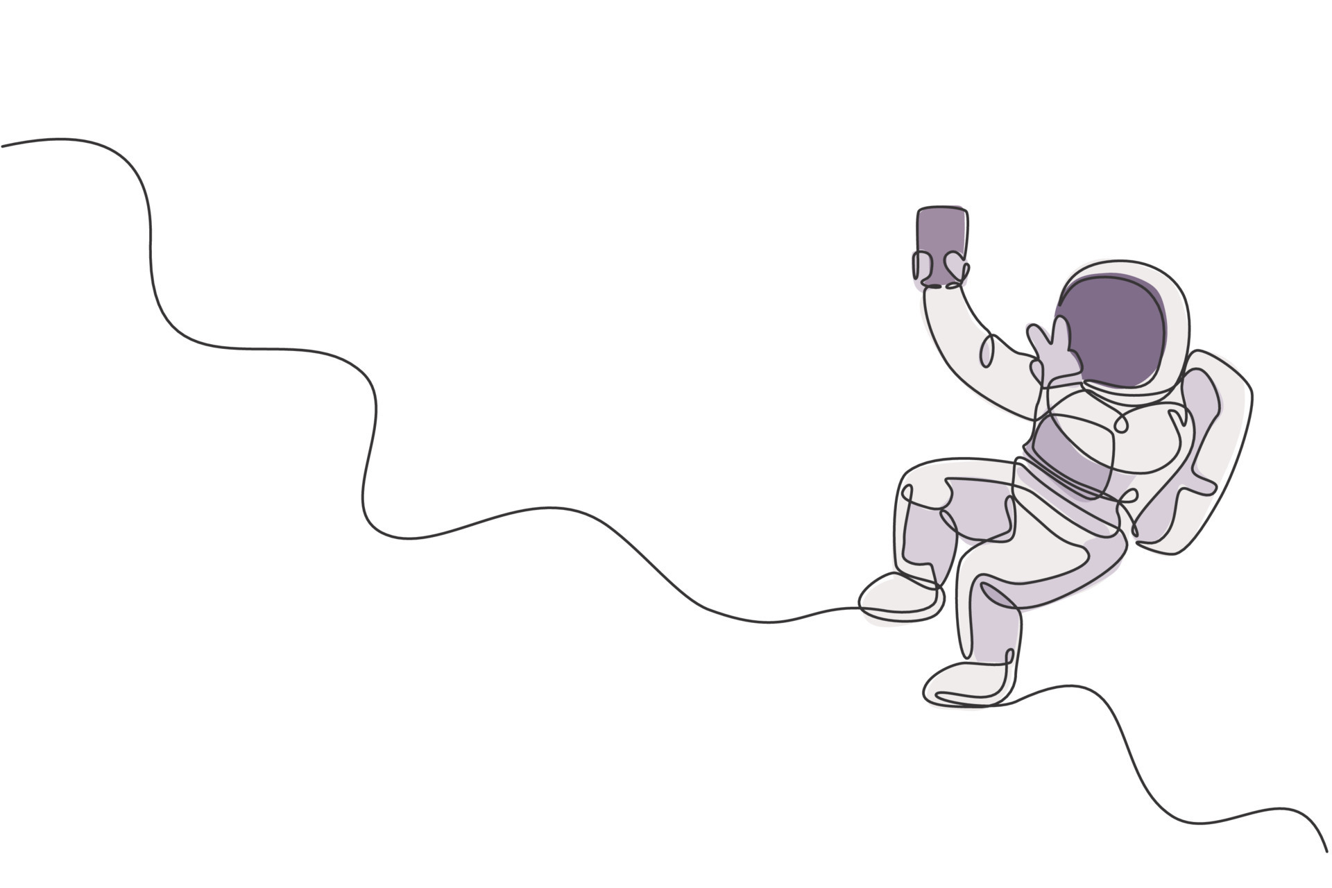 Single Continuous Line Drawing Of Floating Science Astronaut In Spacewalk Pose Selfie Using