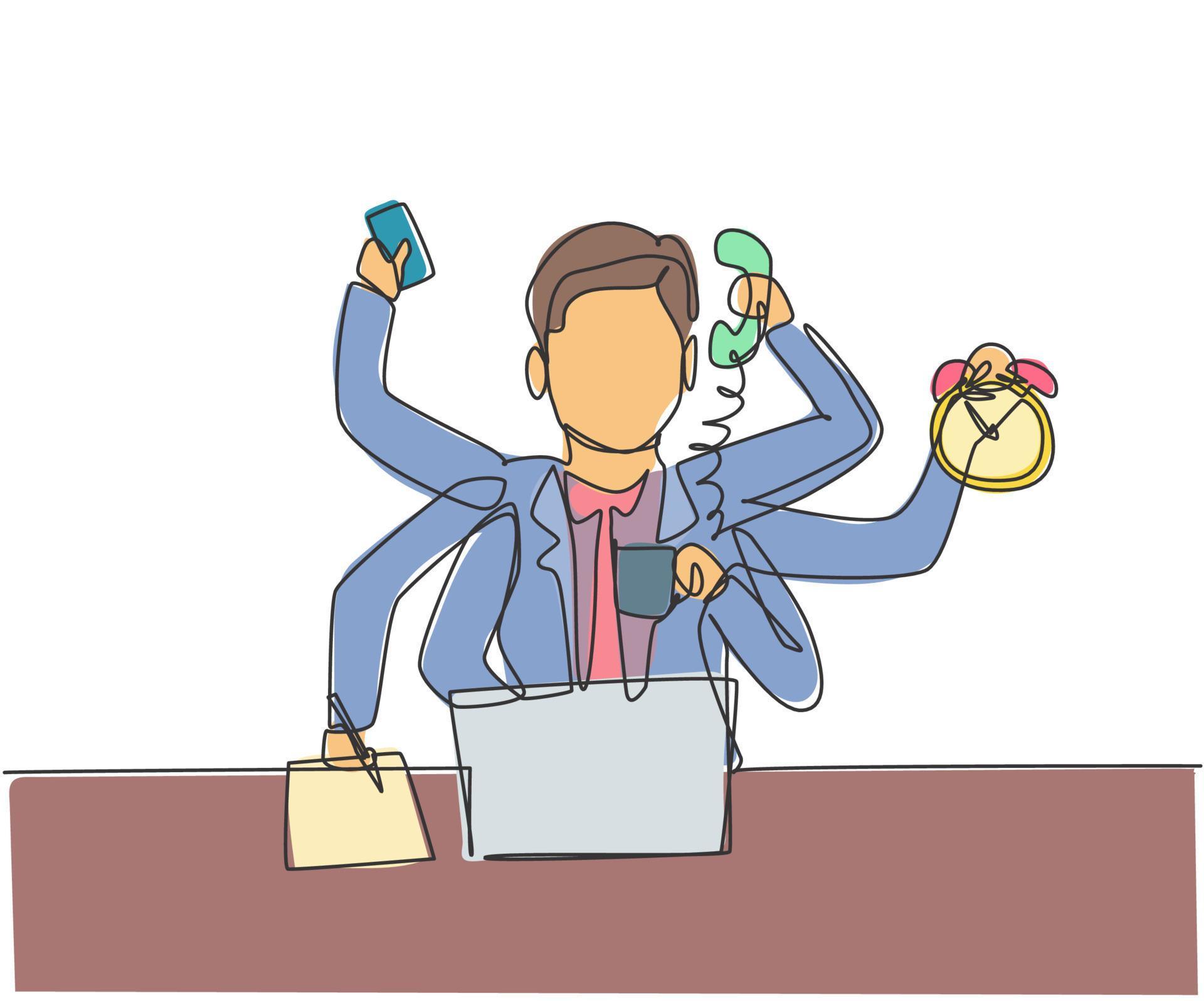 Single one line drawing of busy young business man with holding ... Single one line drawing of busy young business man with holding ...