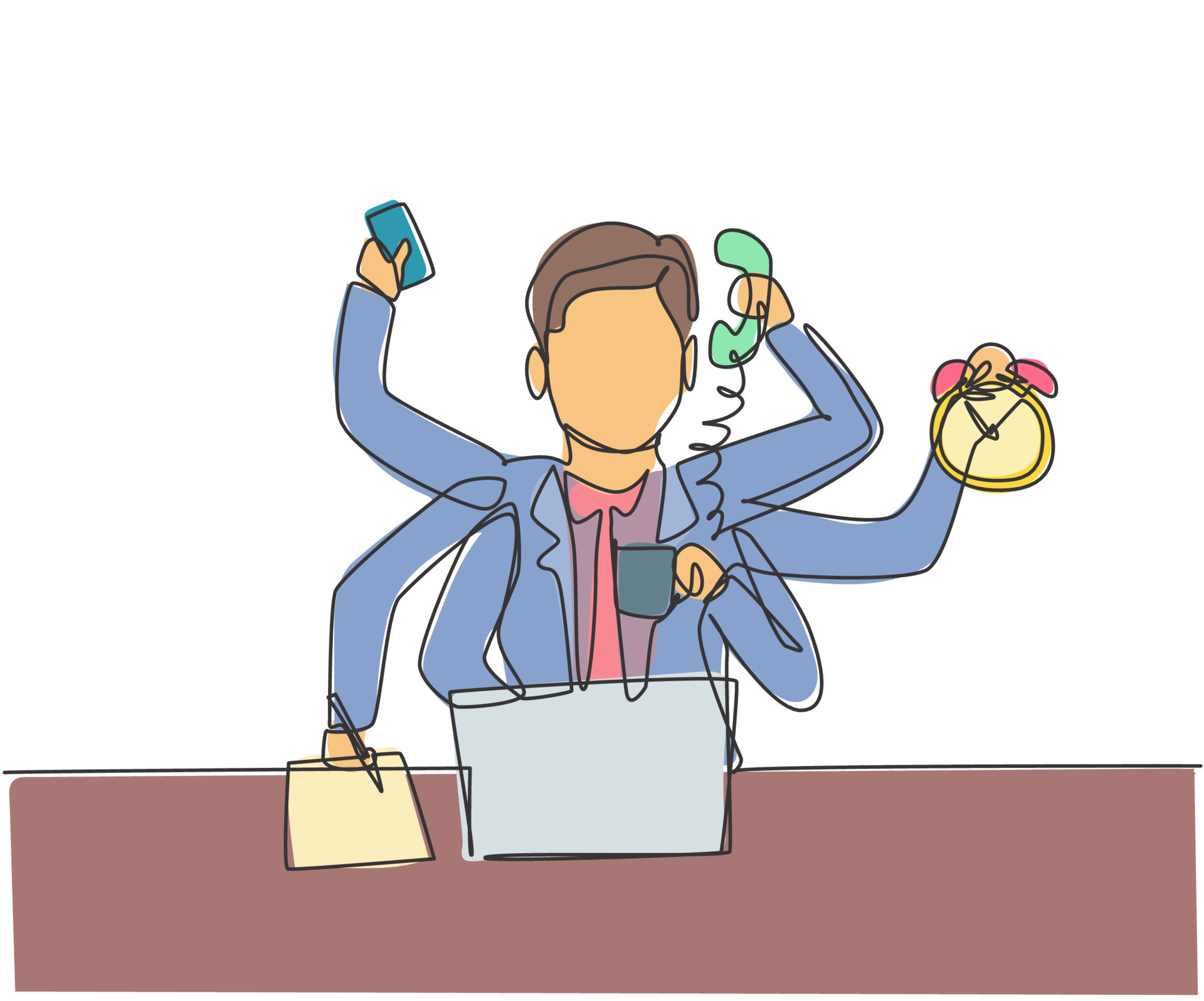 Single one line drawing of busy young business man with holding ... Single one line drawing of busy young business man with holding ...