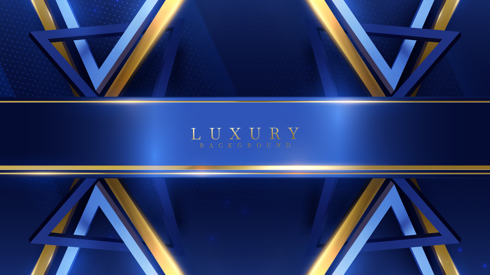 Blue luxury background with gold triangle frame decoration and light effect with bokeh elements ...