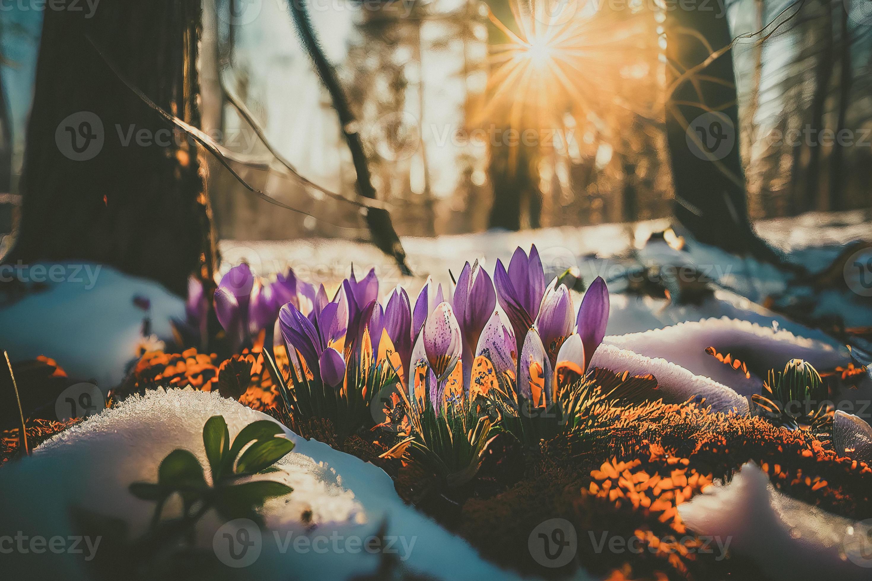 The first spring flowers, crocuses in a forest with snow background also have copy space for ...