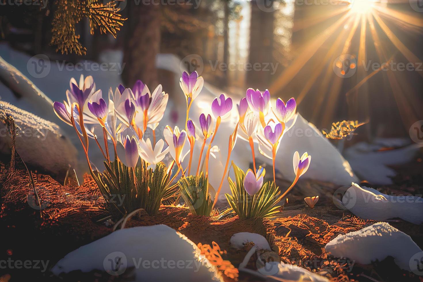 The first spring flowers, crocuses in a forest with snow background also have copy space for ...