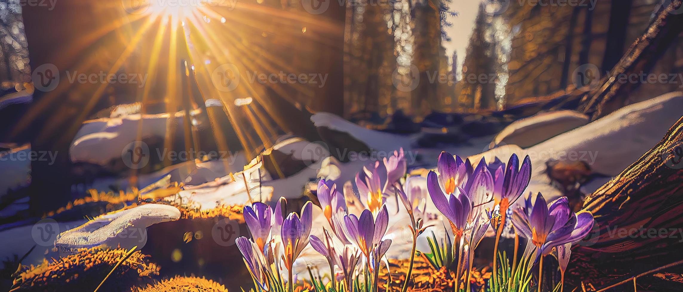 The first spring flowers, crocuses in a forest with snow background also have copy space for ...