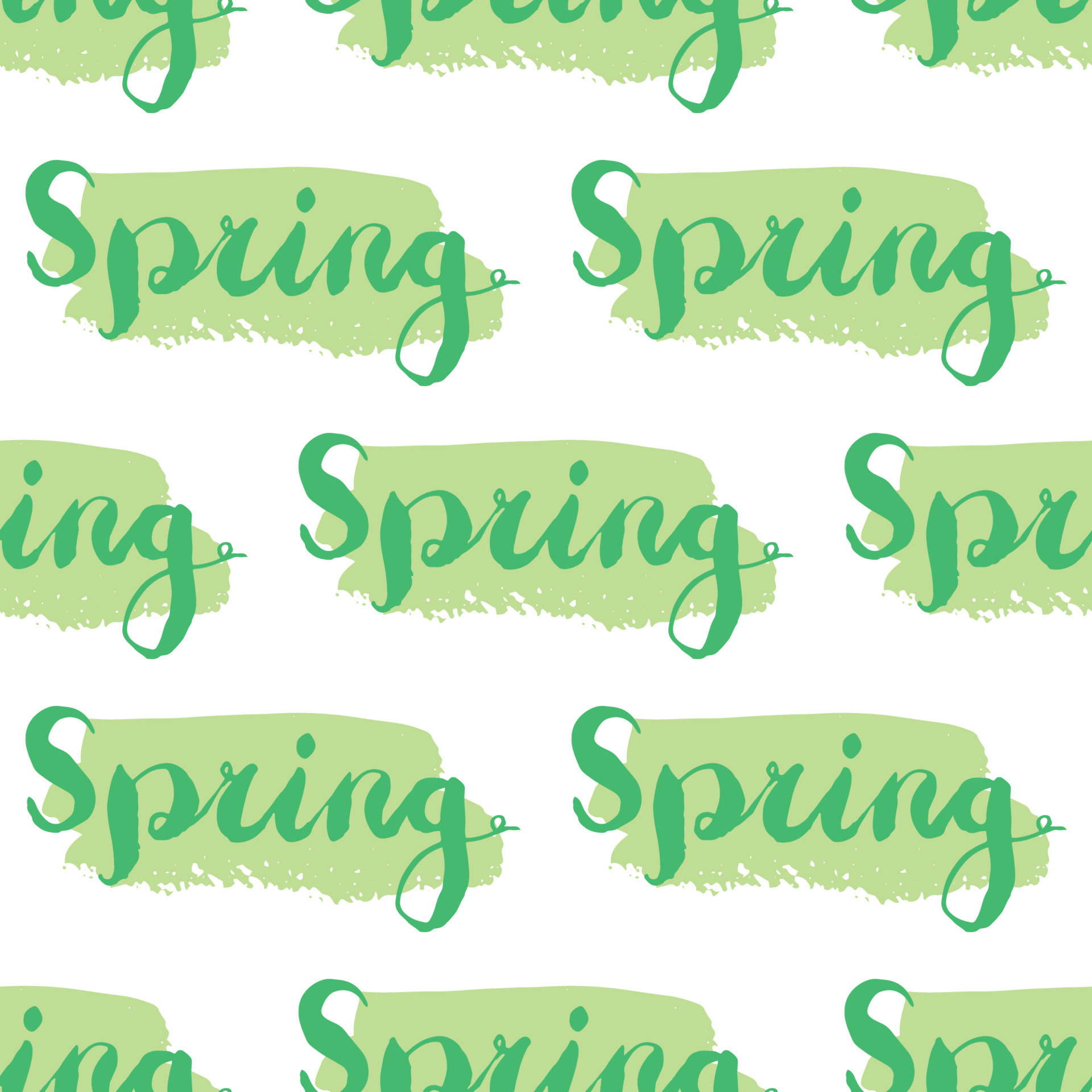 Green on white spring seamless pattern with hand drawn elements, word ...