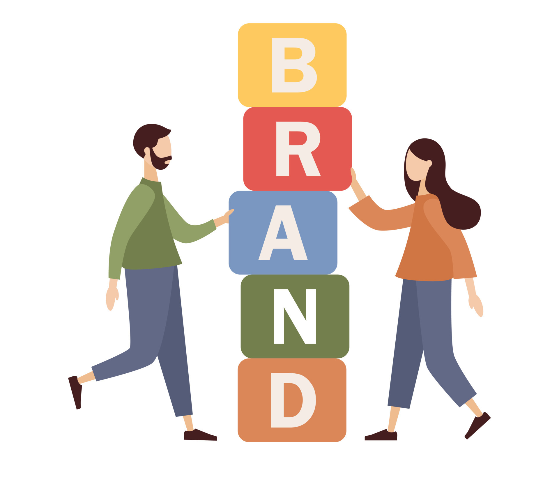 Brand building concept. Business people building word BRAND. Corporate identity. Development of ...