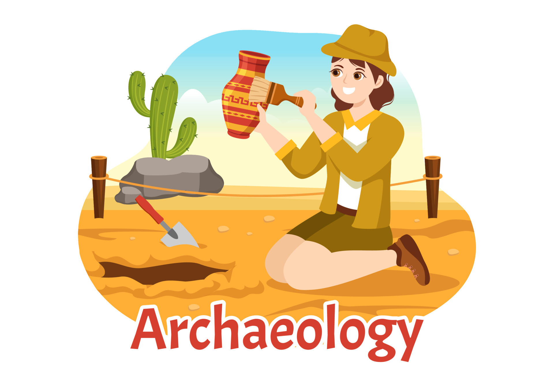 Archeology Illustration with Archaeological Excavation of ancient Ruins, Artifacts and Dinosaurs ...