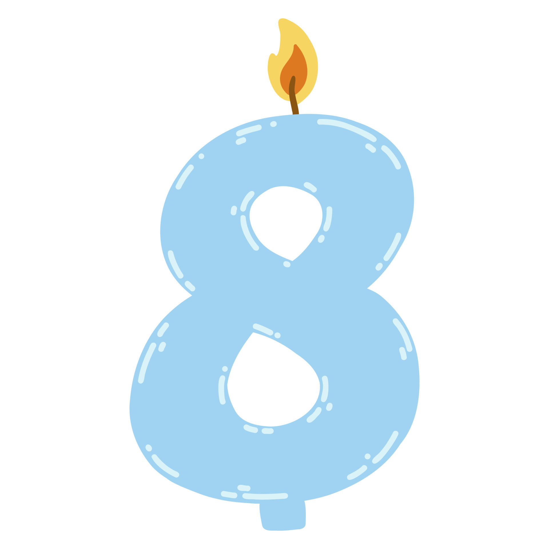 Candle number eight in flat style. Hand drawn vector illustration of 8 symbol burning candle ...