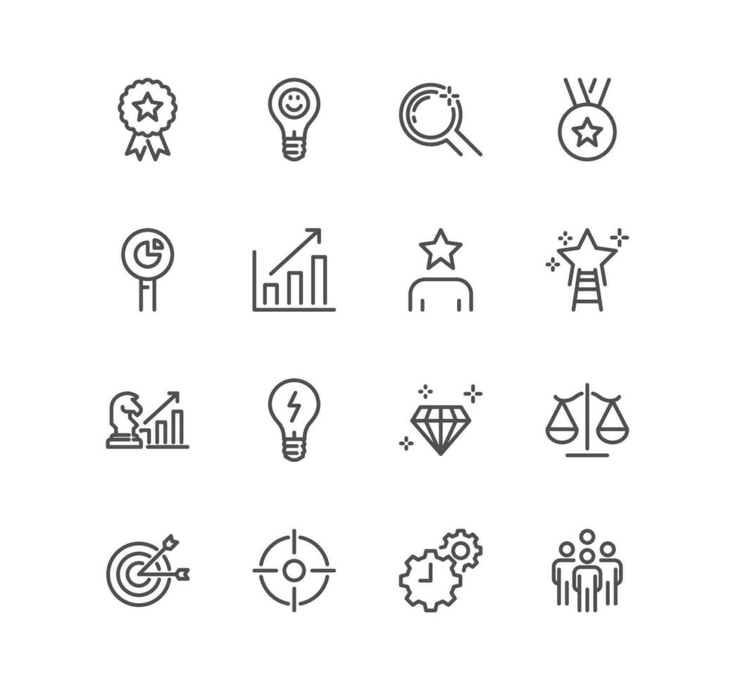Set of core values related icons, growth, chart, innovation and linear ...
