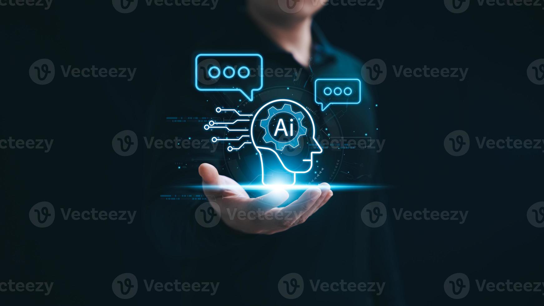 Concept Humans work with artificial intelligence, humans use intelligent AI technology enter ...