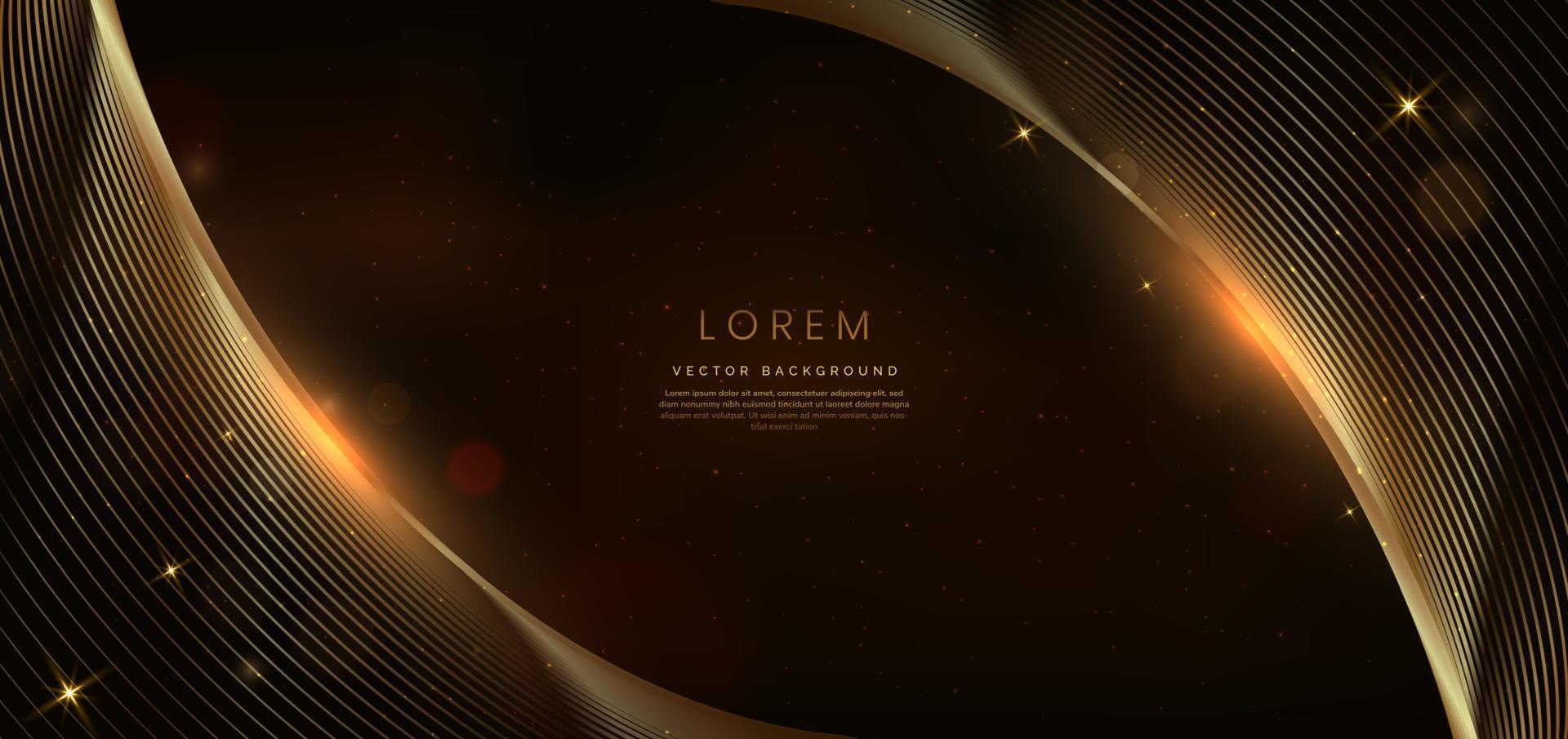 Abstract gold curved lines on dark brown background with lighting effect and sparkle with copy ...