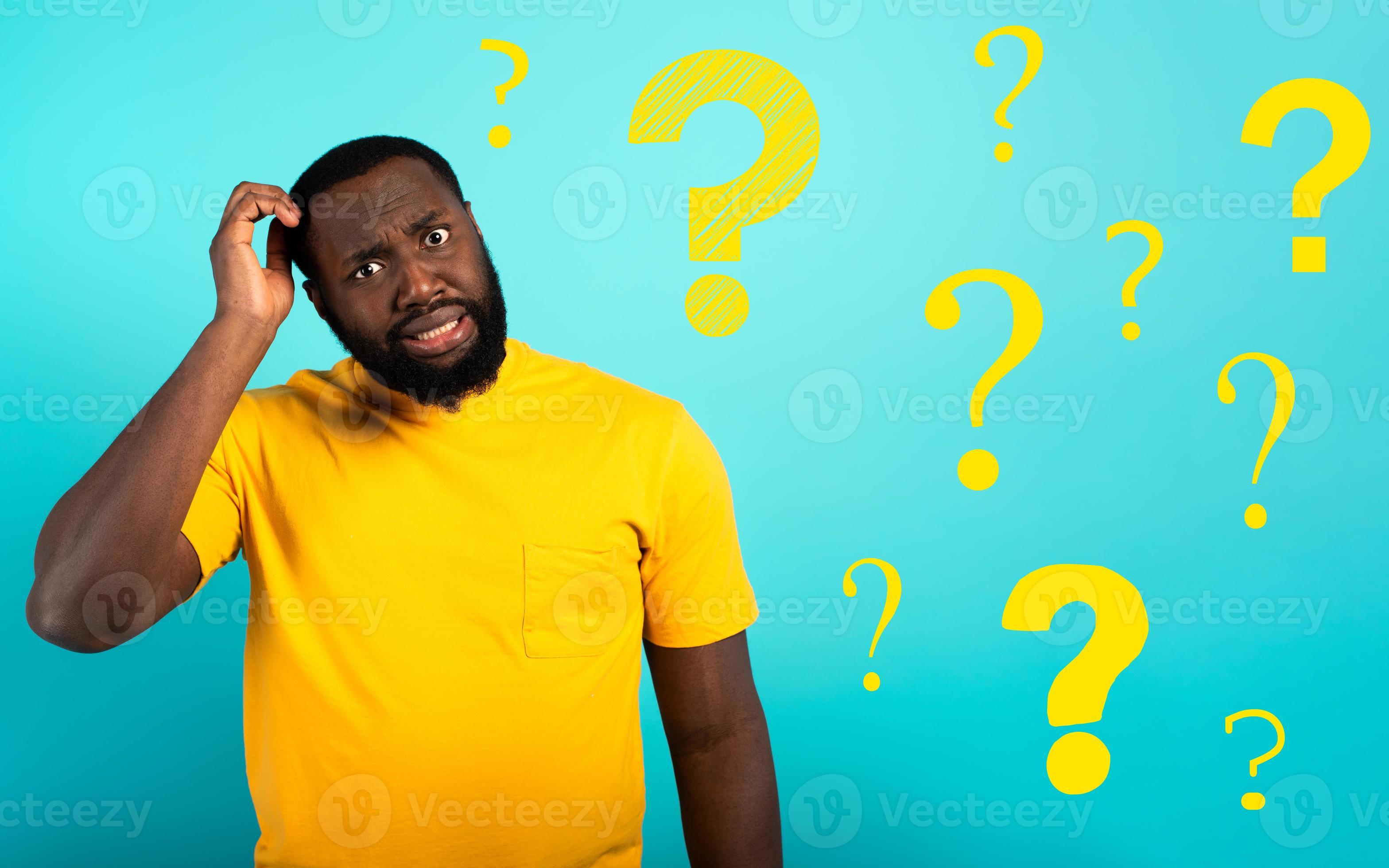 Confused and pensive expression of a boy with many questions . cyan ...