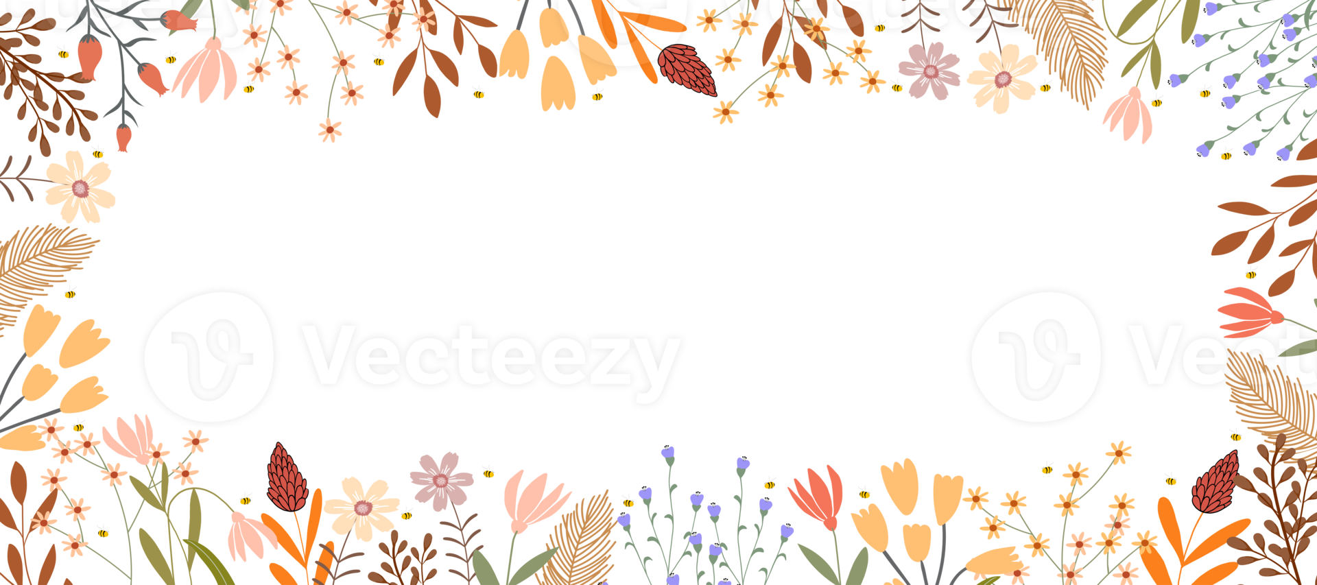 Autumn flowers frame,Fall horizontal banner with cute hand drawn ...