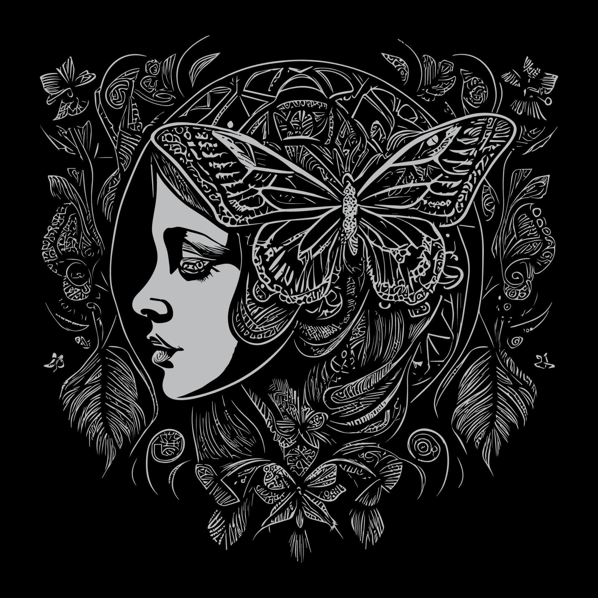 beautiful girl and butterfly in the head illustration stunning young ...