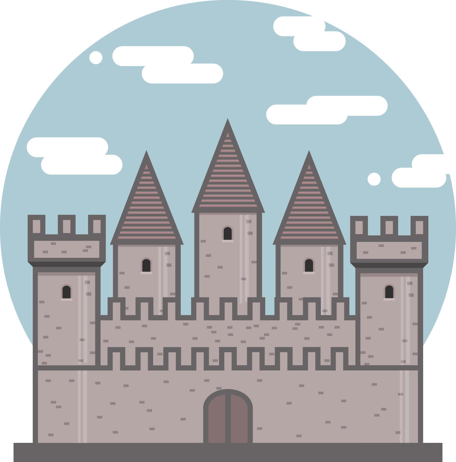 Medieval ancient castle flat icon. Fortress on sky circle background. Medieval architecture ...