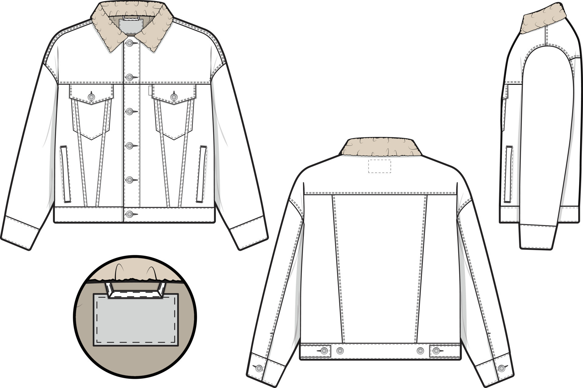 Unisex Men Sherpa denim jacket trucker vector flat technical drawing ... Unisex Men Sherpa denim jacket trucker vector flat technical drawing ...