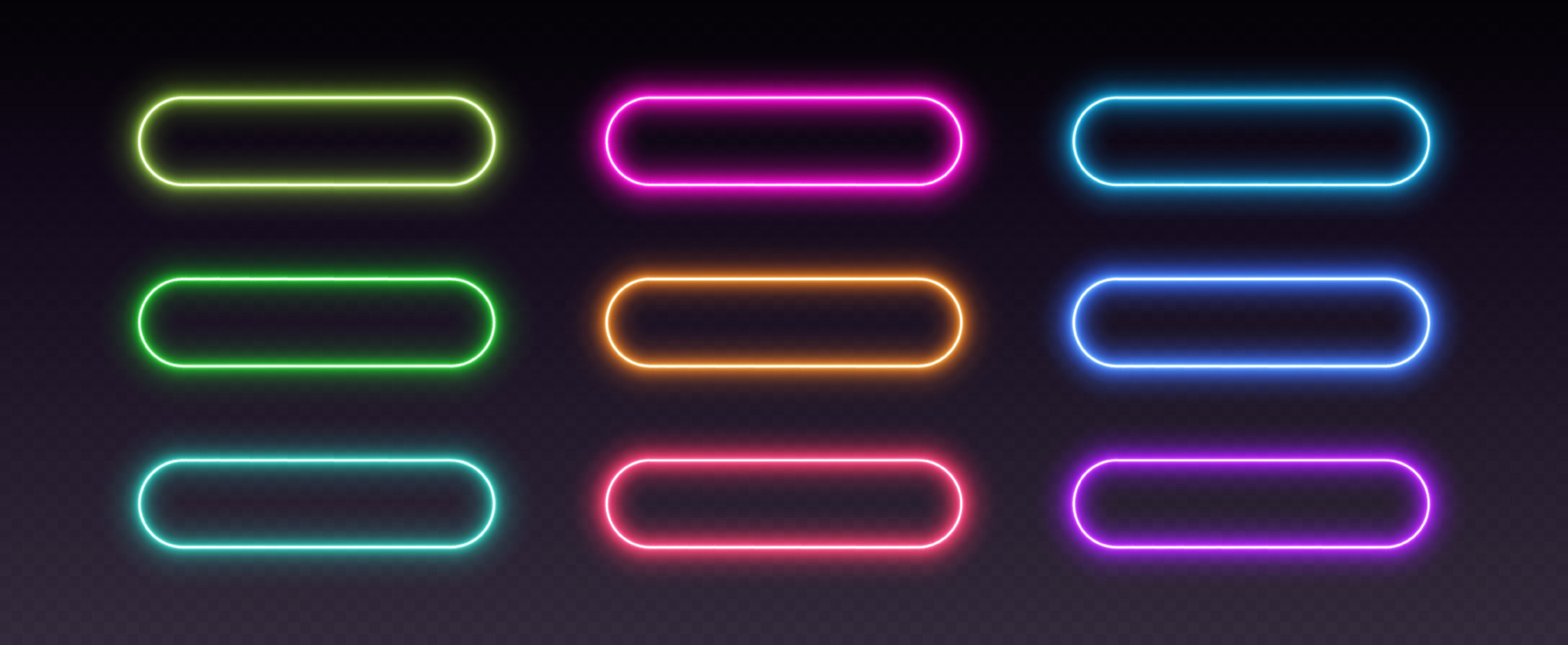 Neon button frames, gradient glowing borders, isolated UI elements. Futuristic rounded action ...
